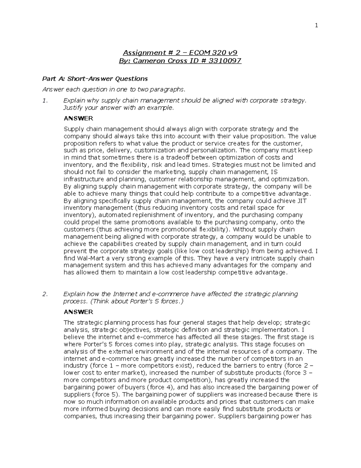 Assignment 2 ECOM 320 - Assignment # 2 – ECOM 320 v By: Cameron Cross ...