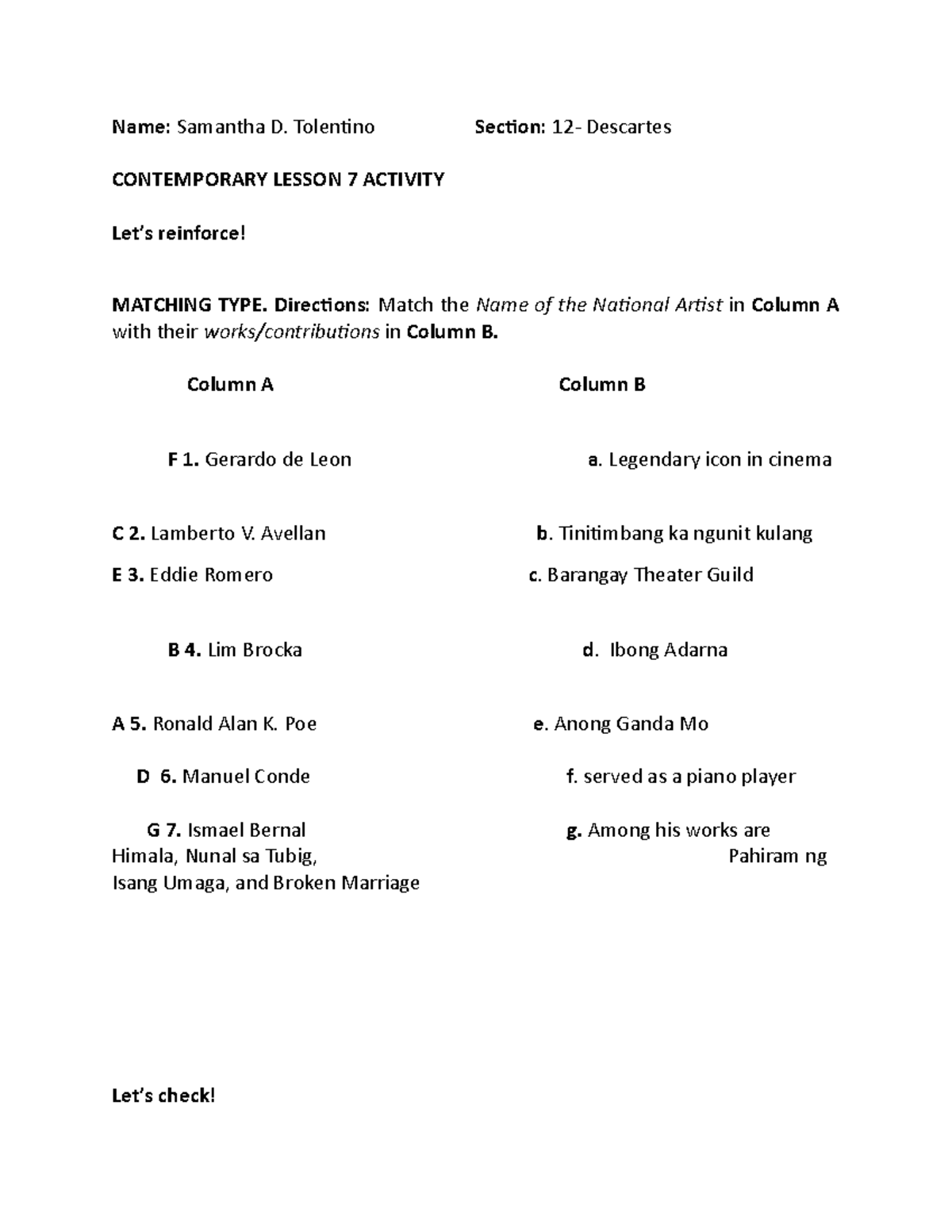 Contemporary Lesson 7 Activity - Name: Samantha D. Tolentino Section ...