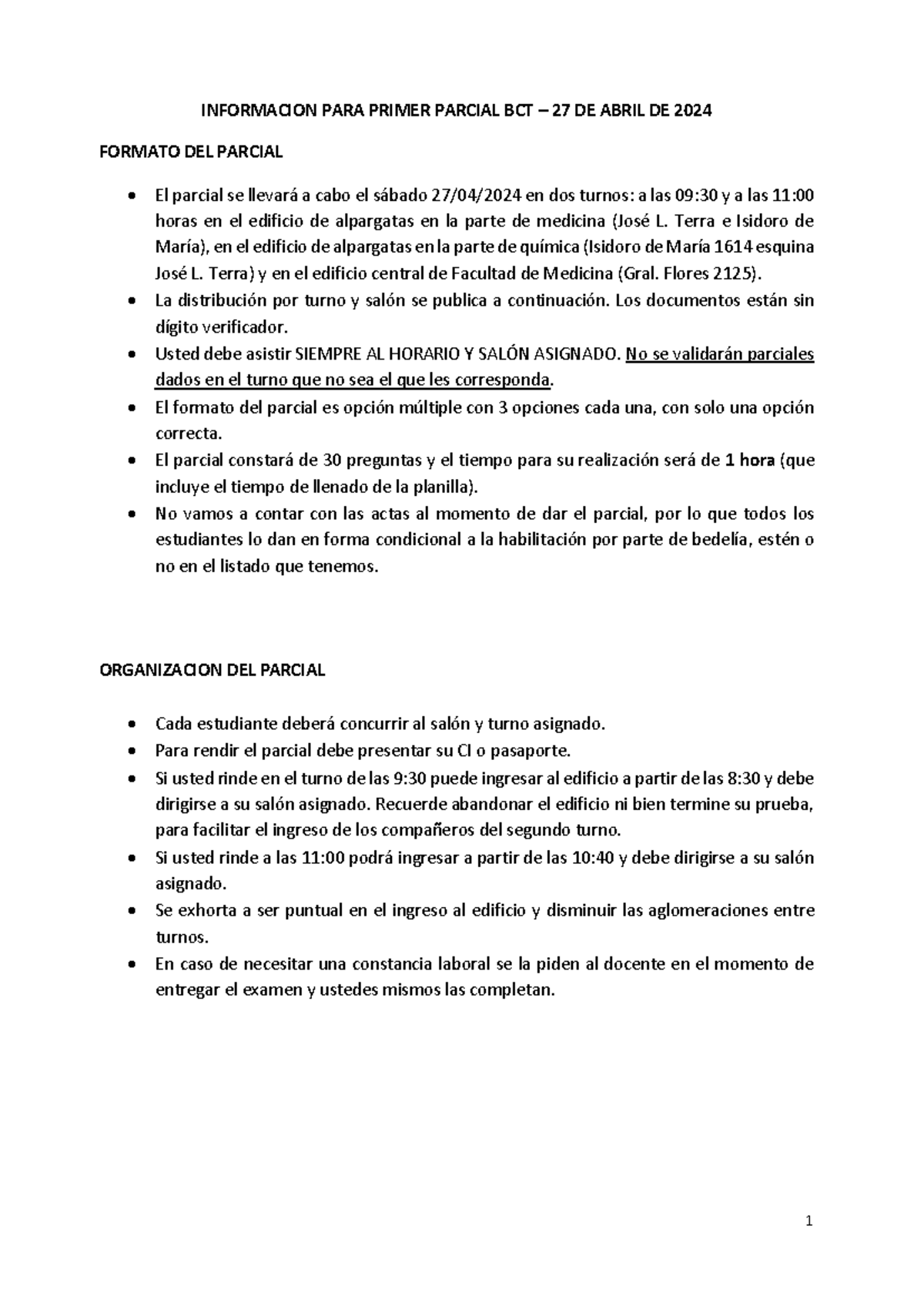 Instructivo primer parcial BCT 2024 - 1 INFORMACION PARA PRIMER PARCIAL ...