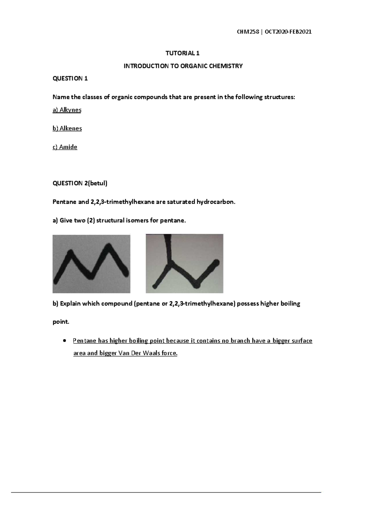 Tutorial 1 chm258 - TUTORIAL 1 INTRODUCTION TO ORGANIC CHEMISTRY ...