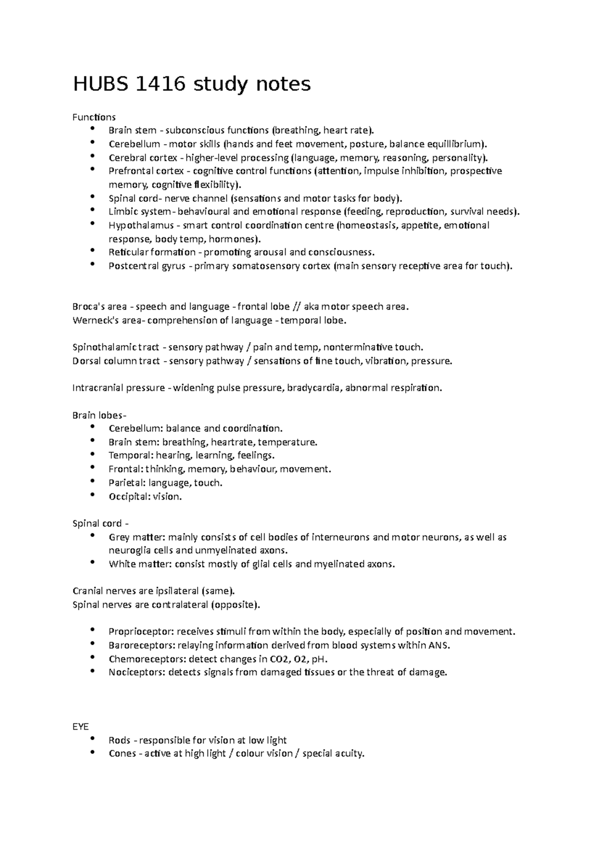 HUBS 1416 study notes - HUBS 1416 study notes Functions Brain stem ...