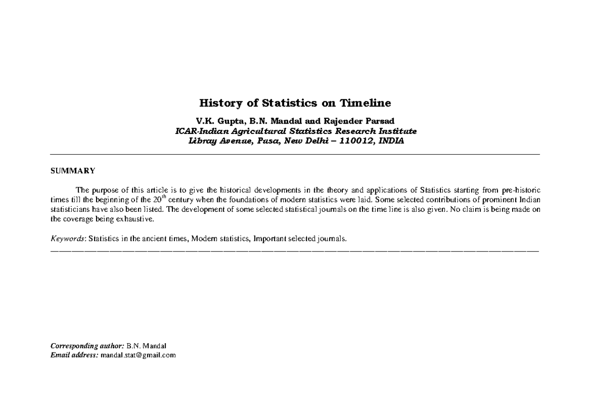 History of Statistics on Timeline - Gupta, B. Mandal and Rajender ...
