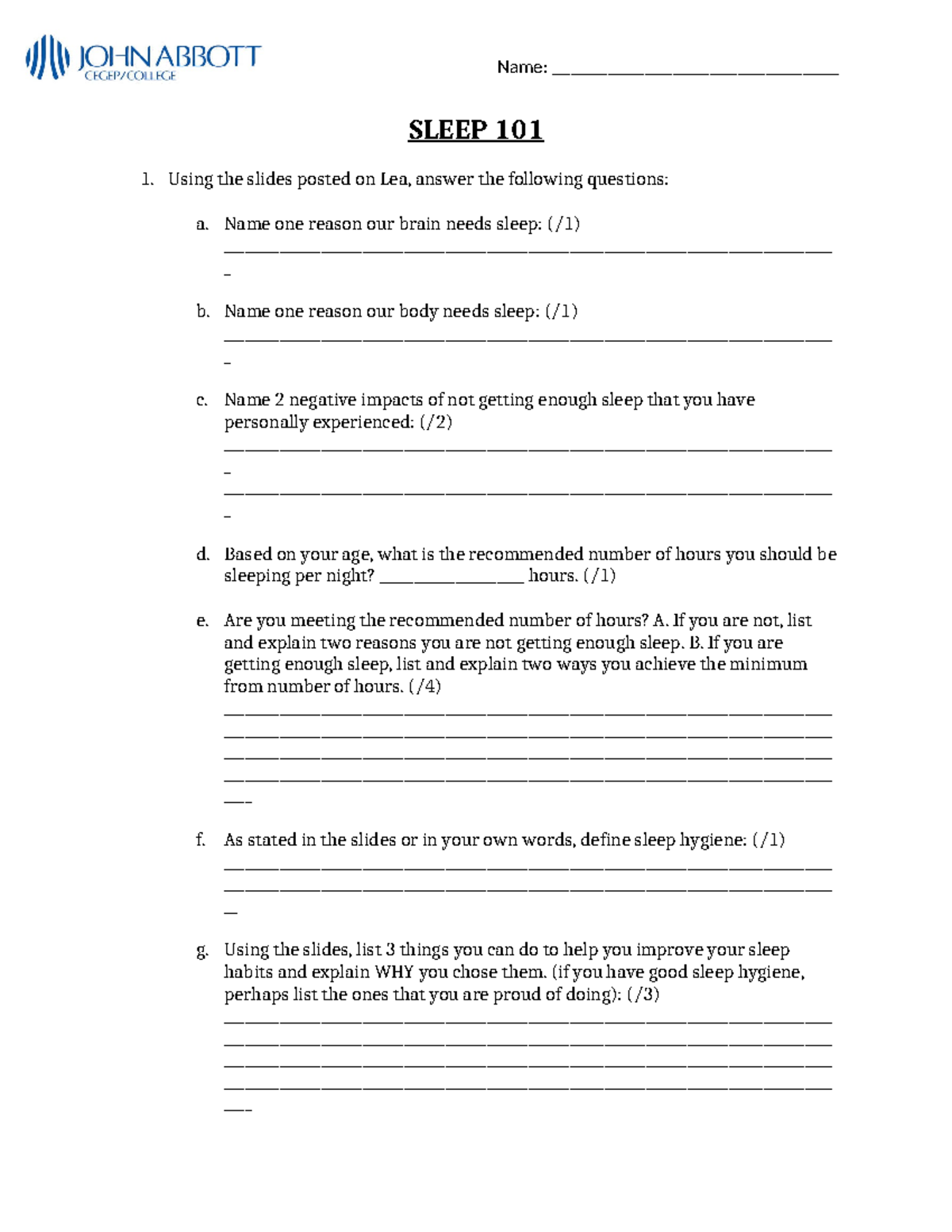 Sleep 101-2 - notes - Name: _______________________________ SLEEP 101 1 ...