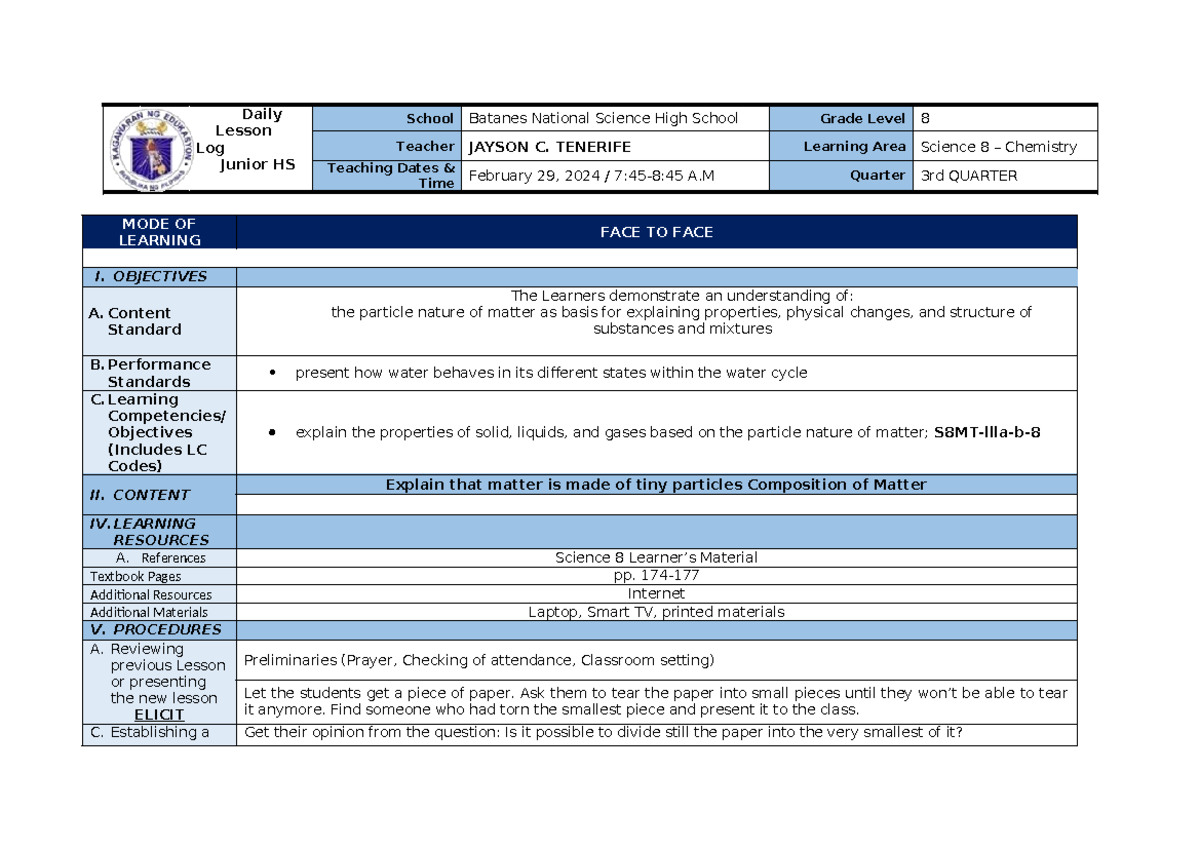 Lesson PLAN Science 8-W1 - Daily Lesson Log Junior HS School Batanes ...
