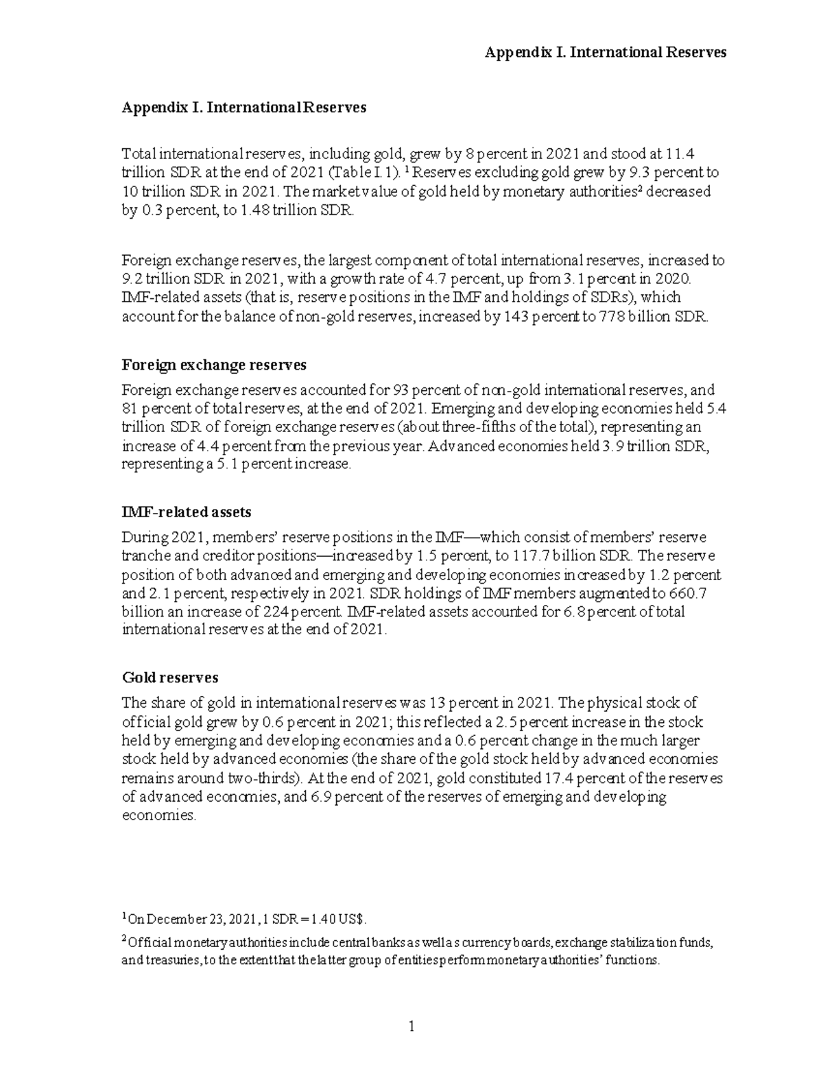 Chad IMF - Economic - Appendix I. International Reserves Total international reserves, including ...
