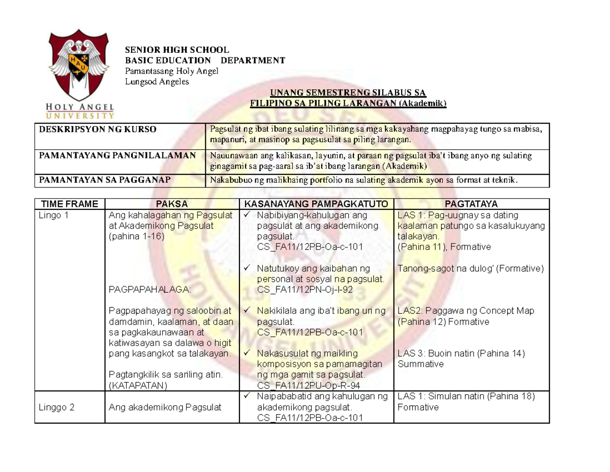 Syllabus Fil Akad - ... - SENIOR HIGH SCHOOL BASIC EDUCATION DEPARTMENT ...