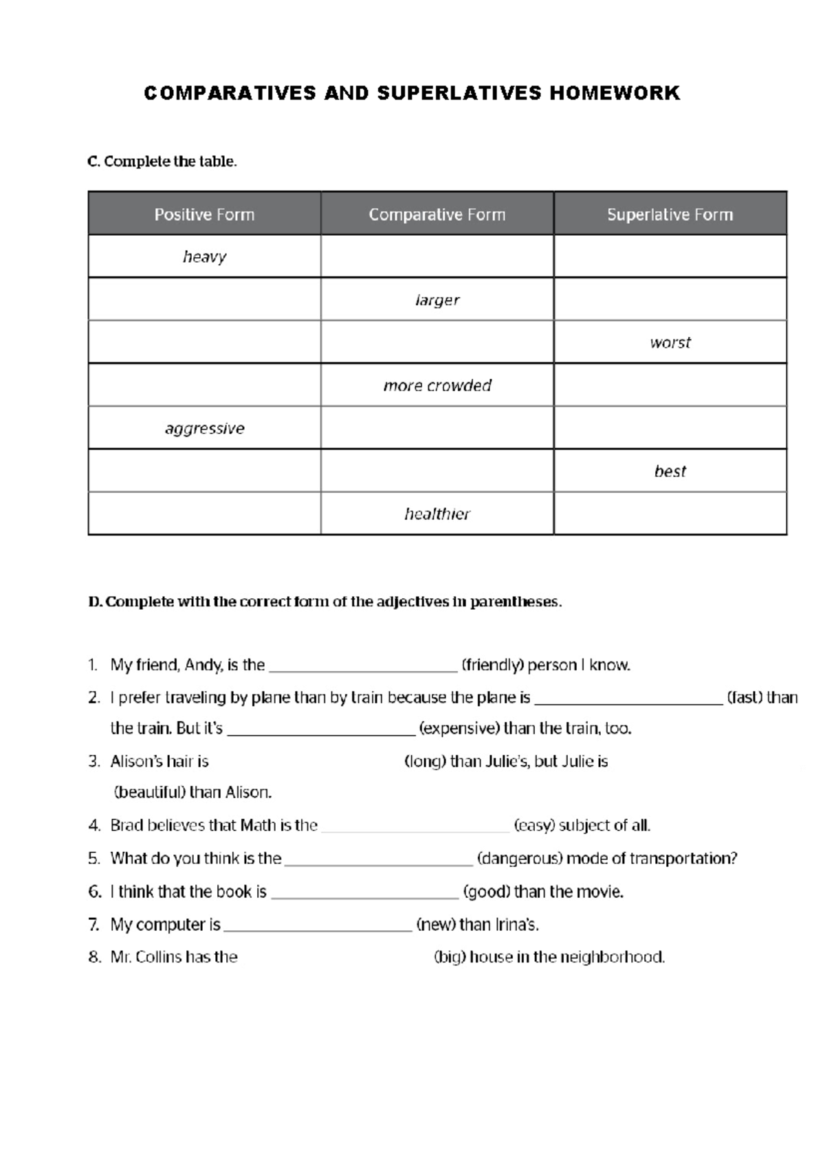 Comparatives AND Superlatives Homework - Ingles II - COMPARATIVES AND SUPERLATIVES HOMEWORK ...