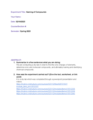 Experiment 3: Determination of Density of Solid - Experiment Title ...