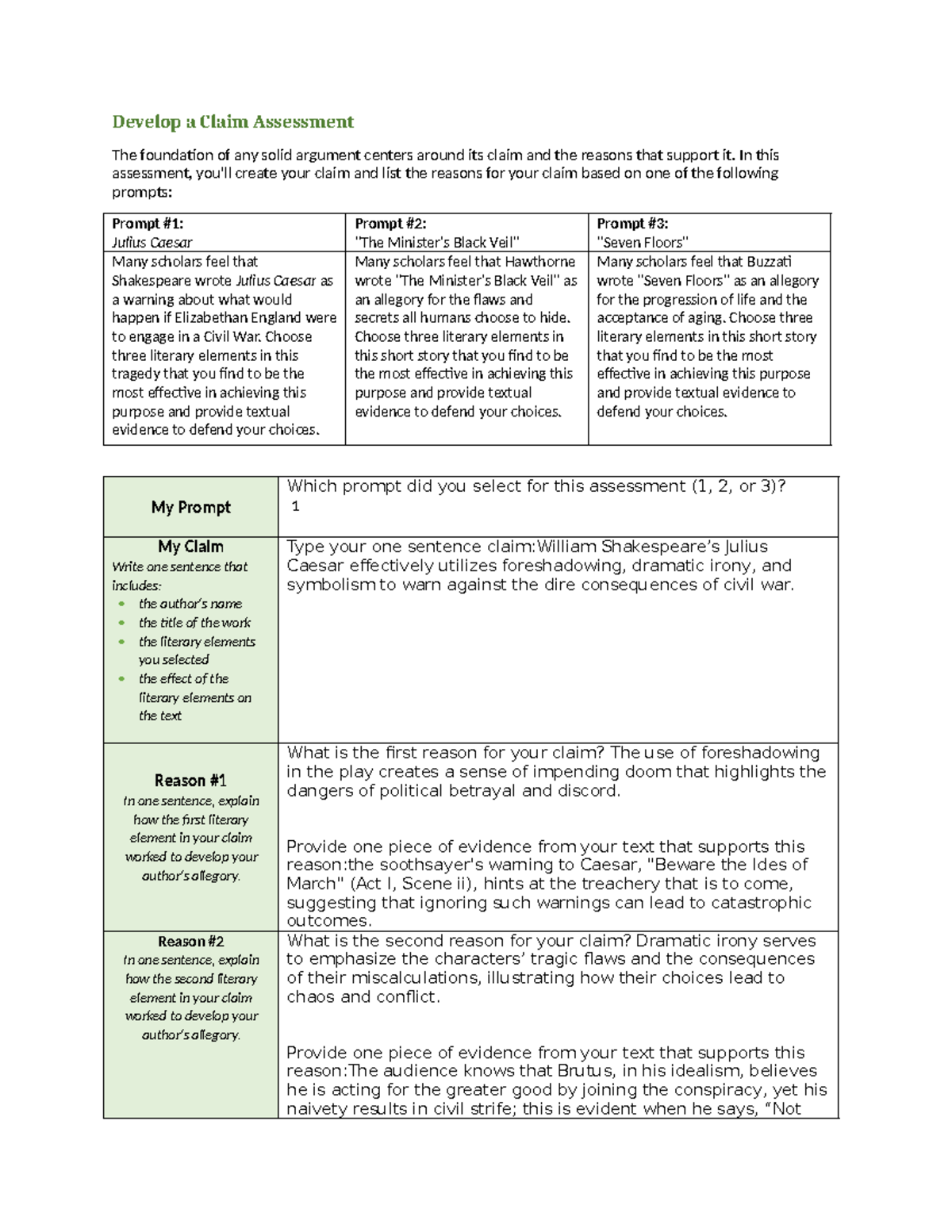 Develop a claim assess rubric - Develop a Claim Assessment The ...