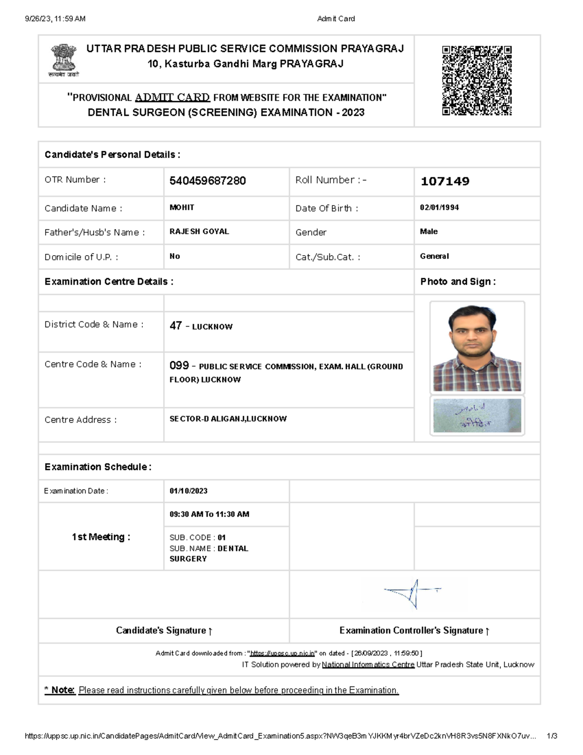 View Candidate Admit Card - 9/26/23, 11:59 AM Admit Card - Studocu