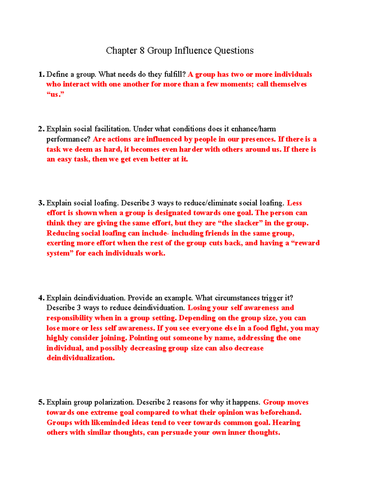 Chapter 8 questions social psyc - Chapter 8 Group Influence Questions 1 ...