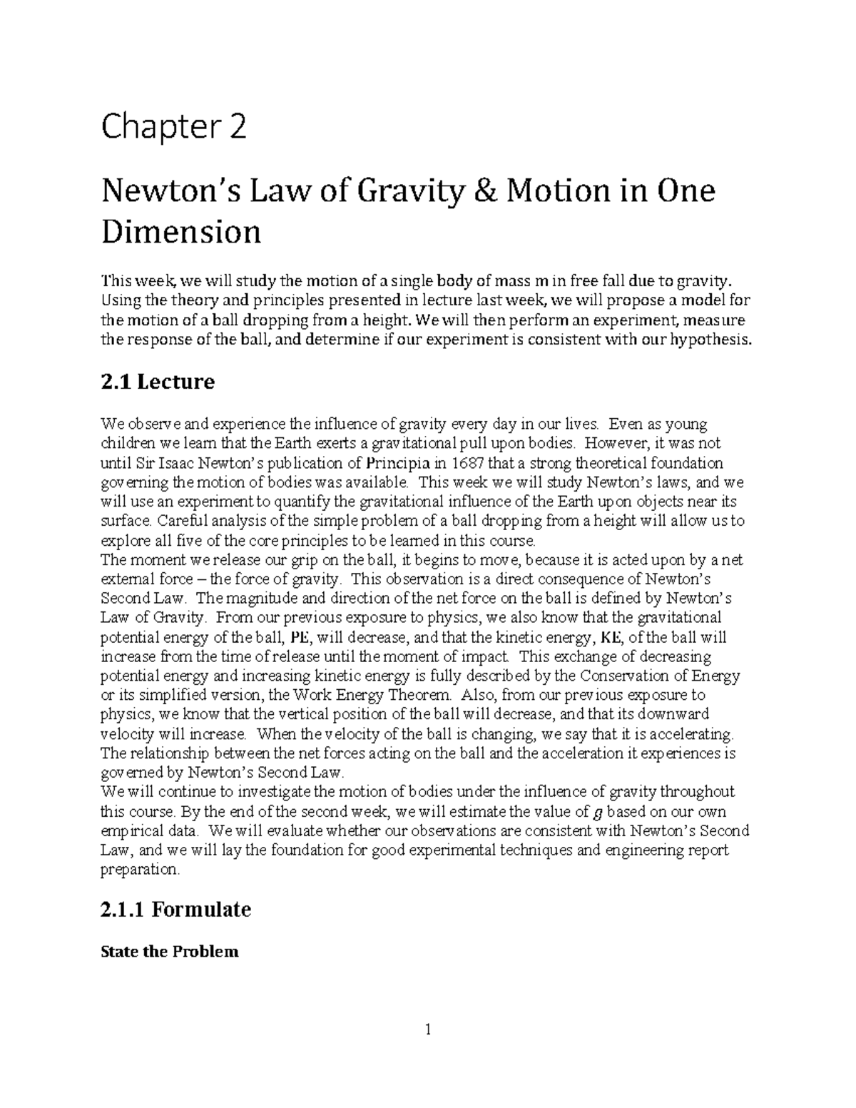 Chapter 2 - Carter - Chapter 2 Newton9s Law of Gravity & Motion in One ...