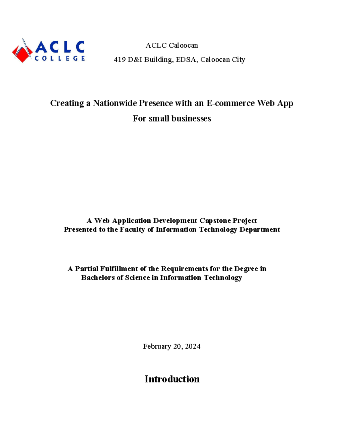 ACLC-Caloocan-chapter 1docx - ACLC Caloocan 419 D&I Building, EDSA ...