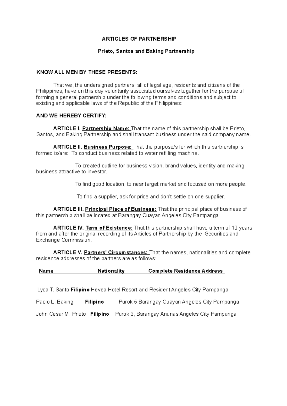 Article Partnership 9-19-2022 - ARTICLES OF PARTNERSHIP Prieto, Santos ...