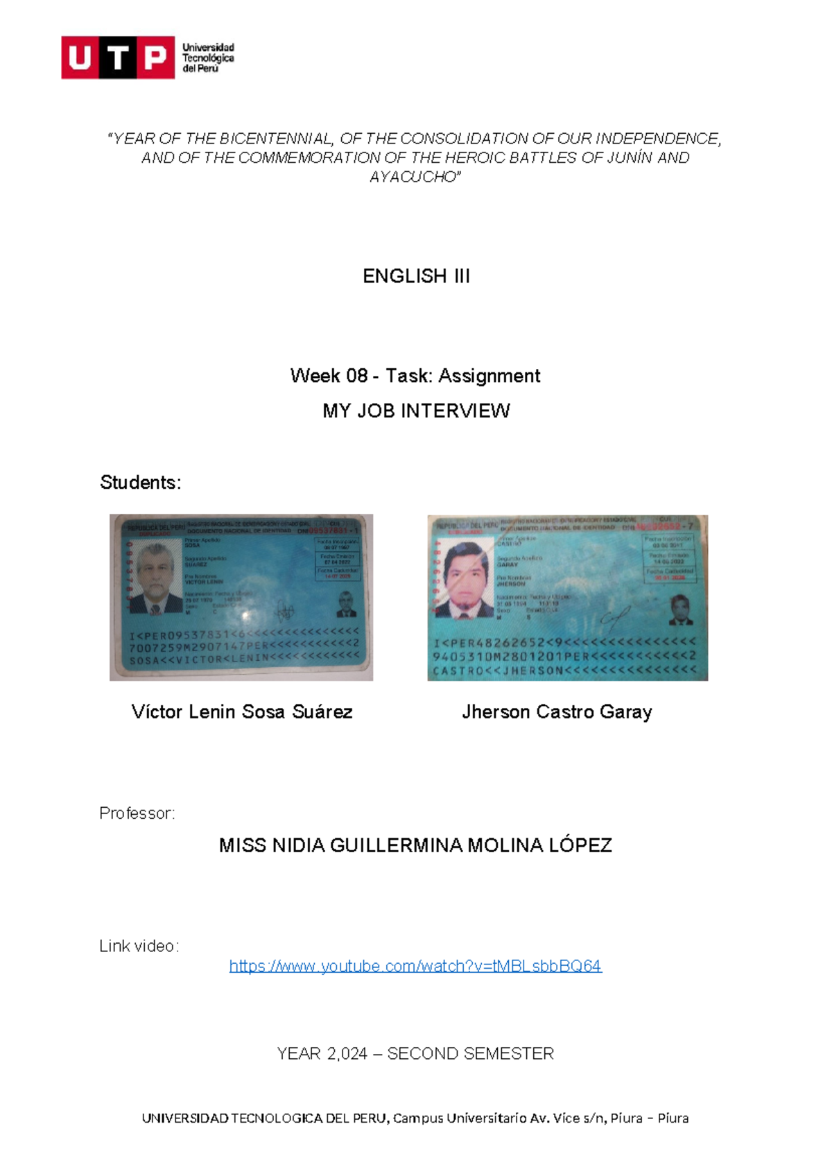 Week 8, Task Assignment, My job interview - “YEAR OF THE BICENTENNIAL, OF THE CONSOLIDATION OF ...