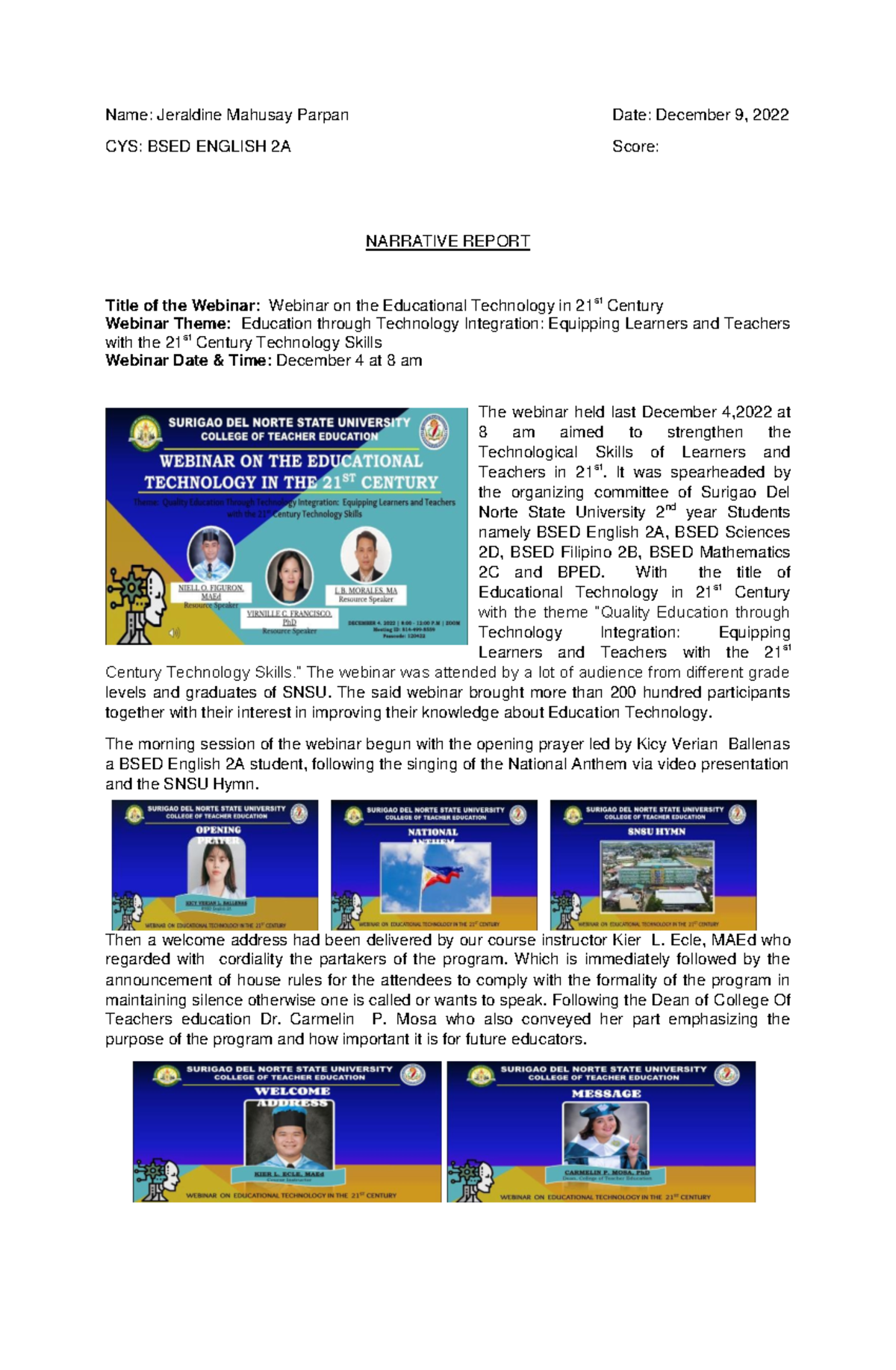 Sample Narrative Report - Name: Jeraldine Mahusay Parpan Date: December ...