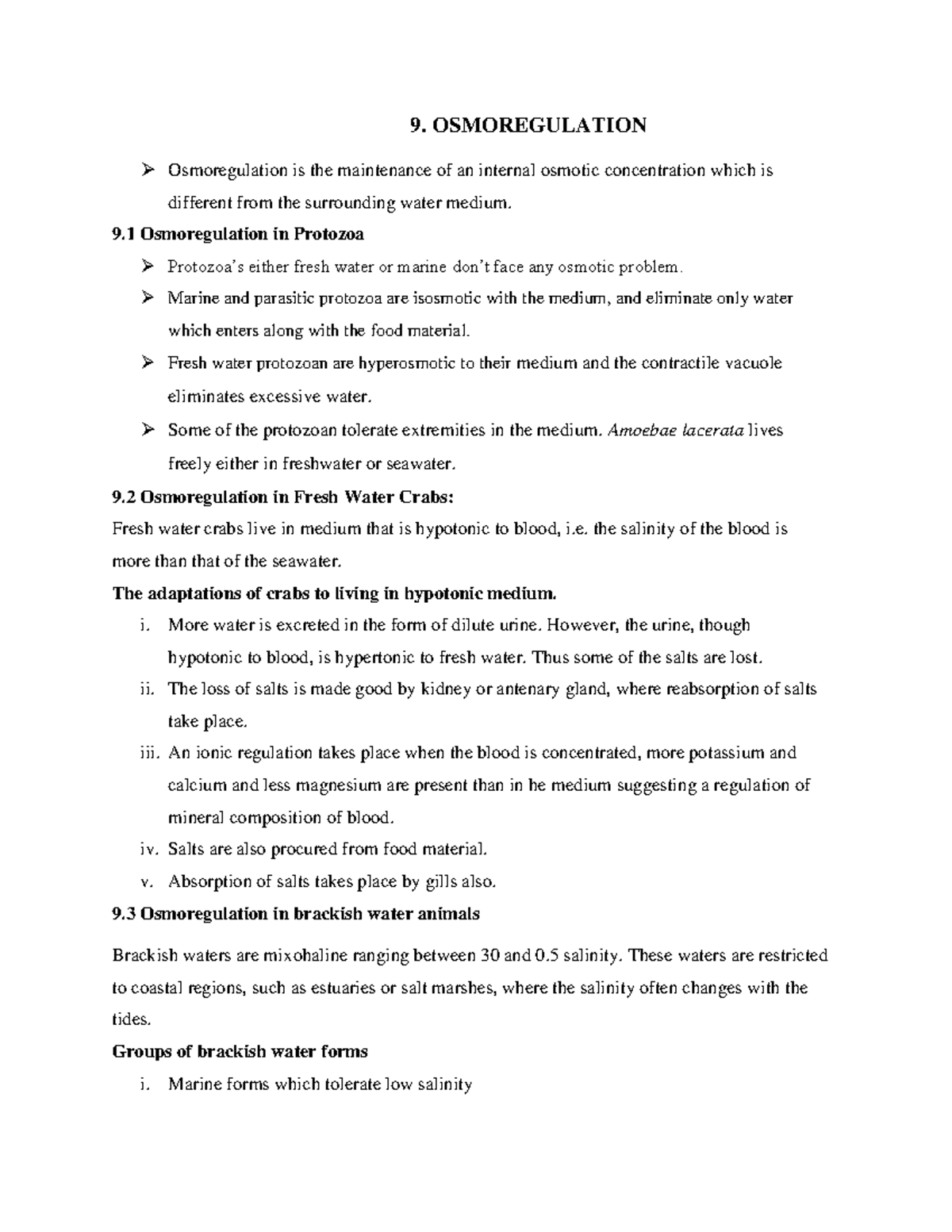 SZL 2101- Wk 10 - Notes - 9. OSMOREGULATION Osmoregulation is the ...