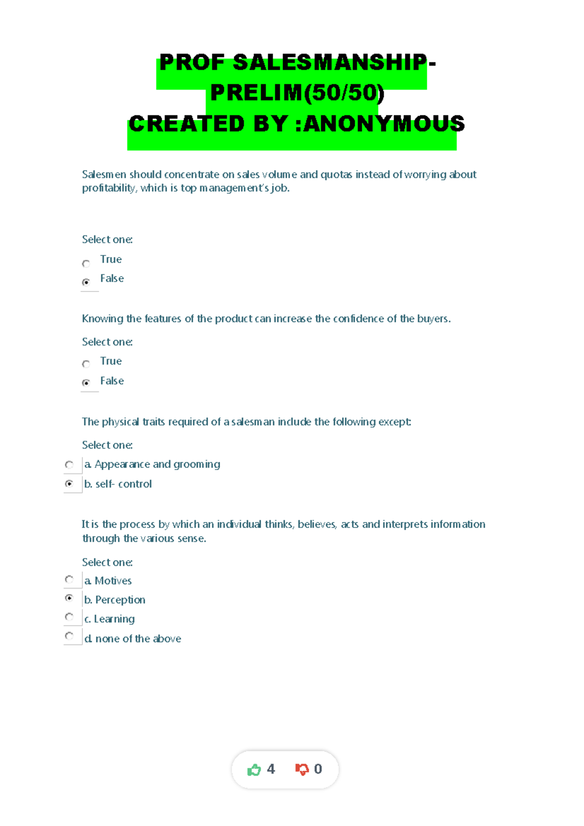 Salesmanship-prelim-100 compress - PRELIM(50/50) CREATED BY :ANONYMOUS Salesmen should ...