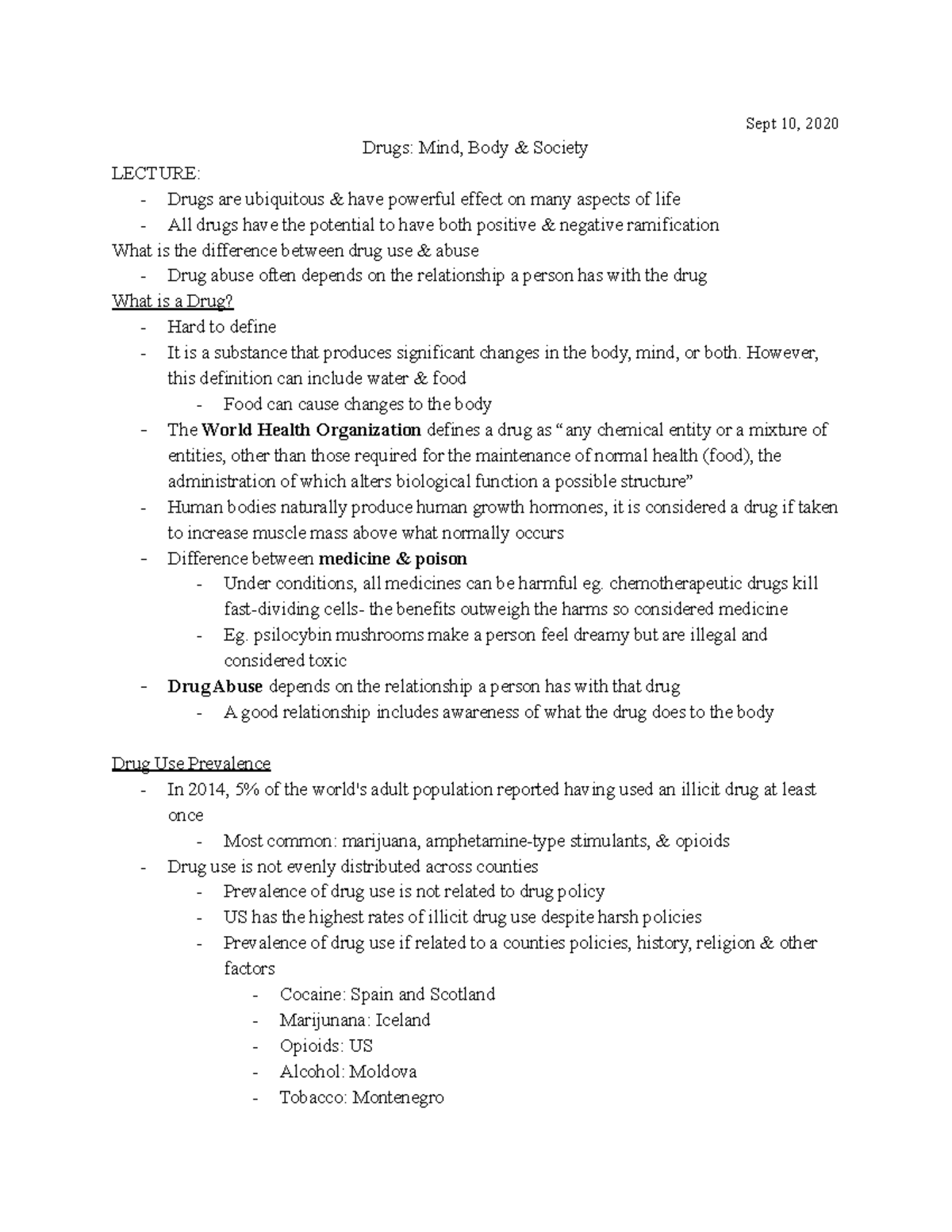 Psych Chapter 1 - Sept 10, 2020 Drugs: Mind, Body & Society LECTURE ...