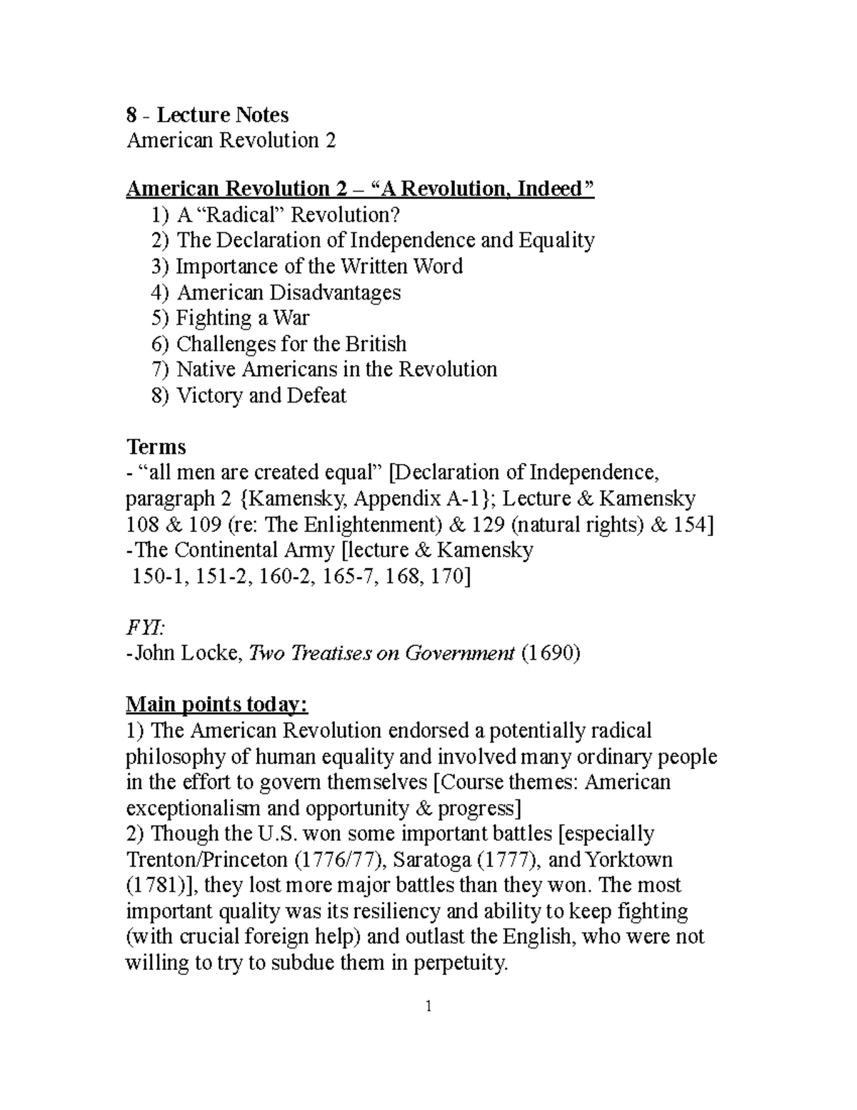 8 - Lec Note - Am Rev 2 - His170 - 8 - Lecture Notes American ...