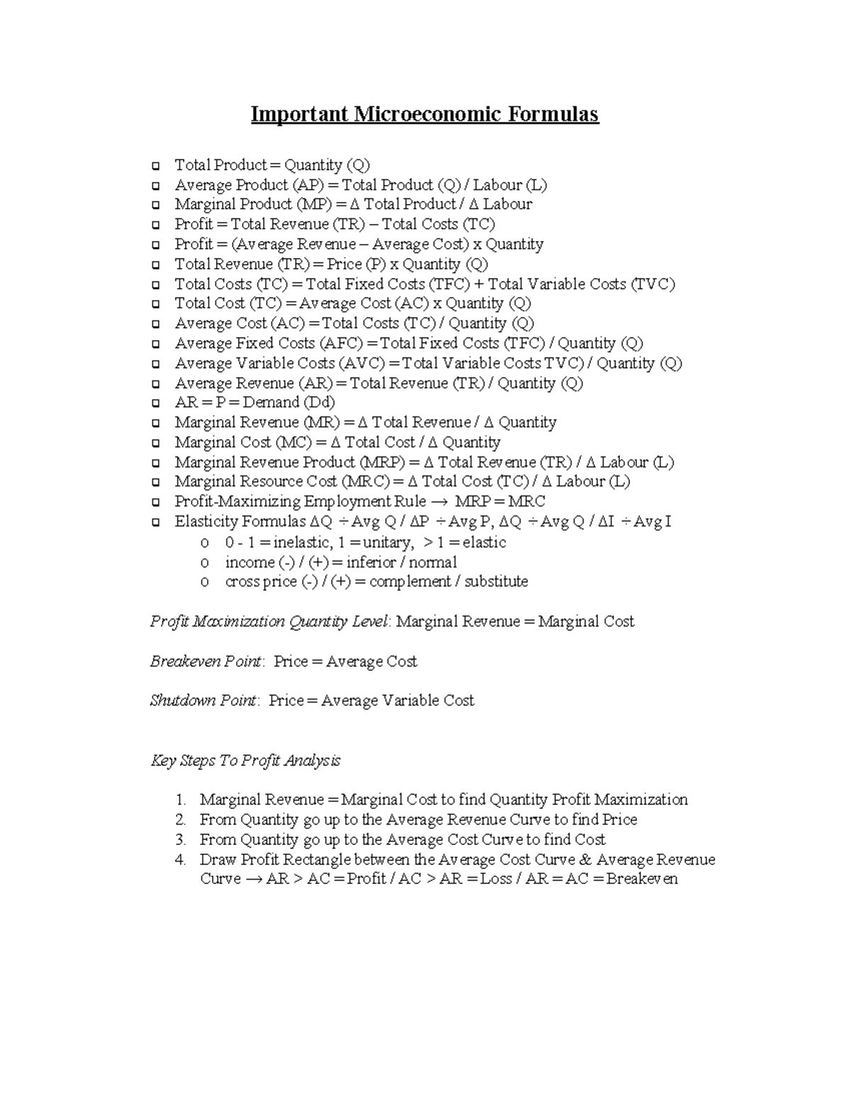 Formulario Micro - Important Microeconomic Formulas Total Product ...
