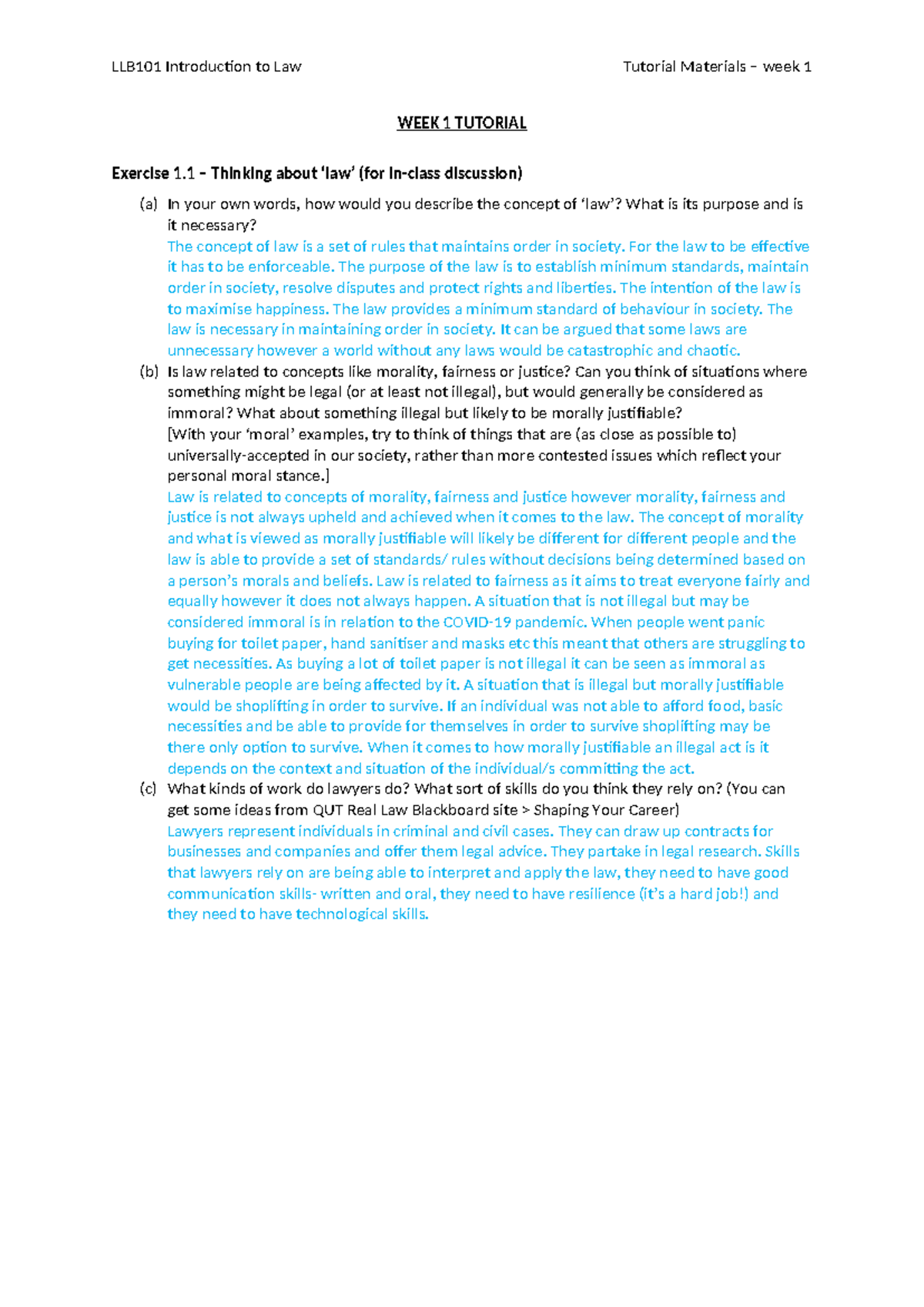 Week 1 Tutorial Tut Notes Llb101 Introduction To Law Tutorial Materials Week 1 Week 1