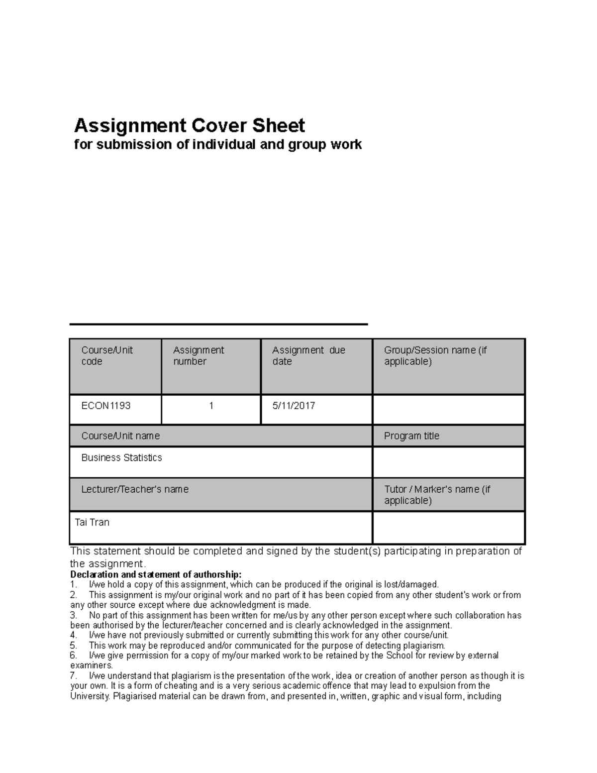 Stats 2 - assignments - Assignment Cover Sheet for submission of ...
