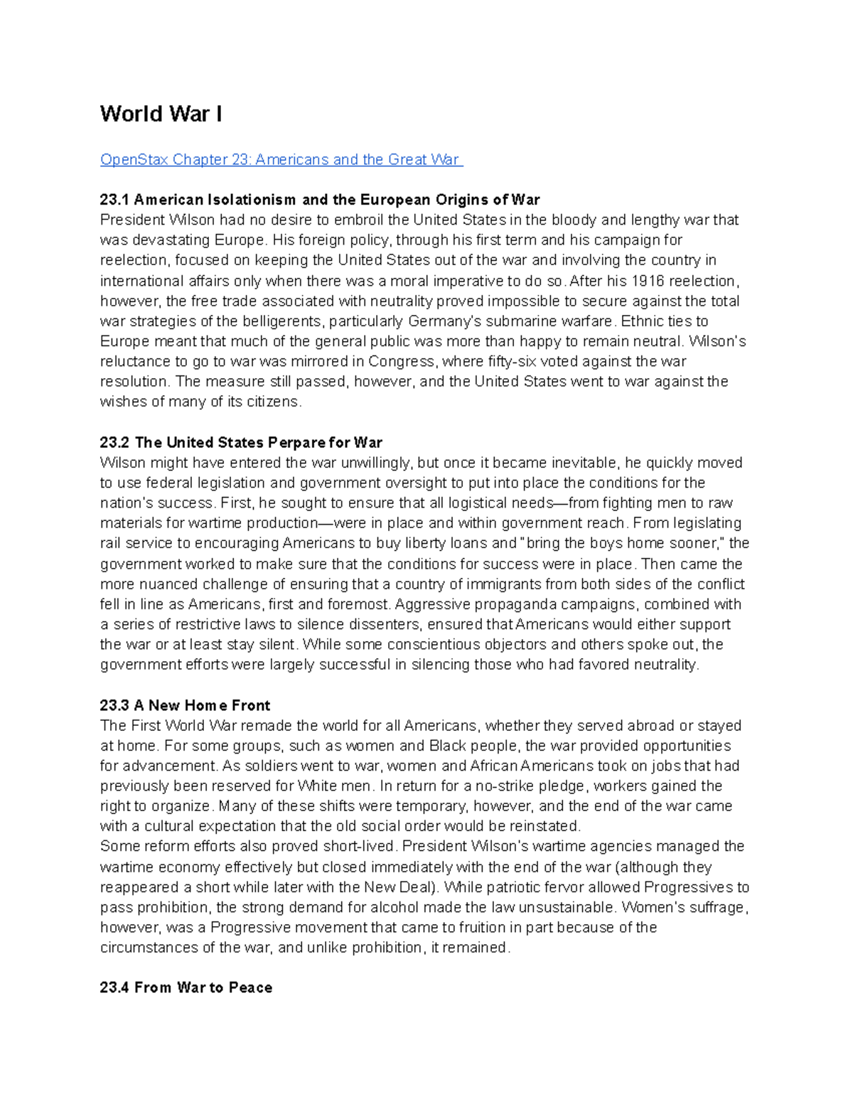 Hist module 7 - World War I OpenStax Chapter 23: Americans and the ...