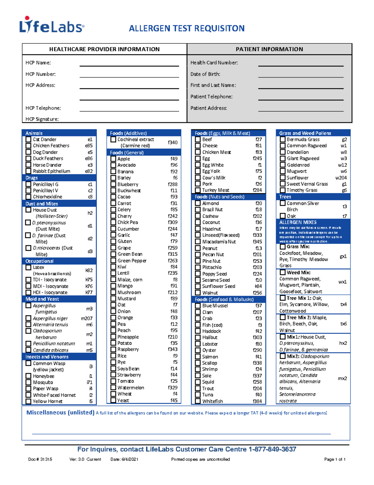 Lifelabs- Allergen-TEST- Requisition 20210618112605089 - ALLERGEN TEST ...
