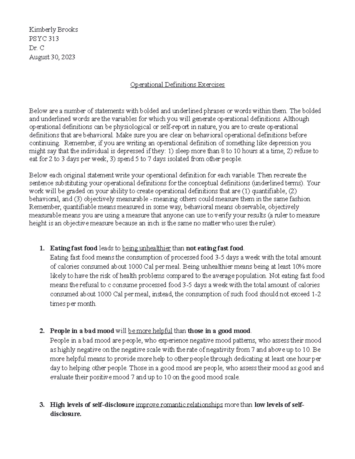 Operational Definitions Exercises - Kimberly Brooks PSYC 313 Dr. C ...