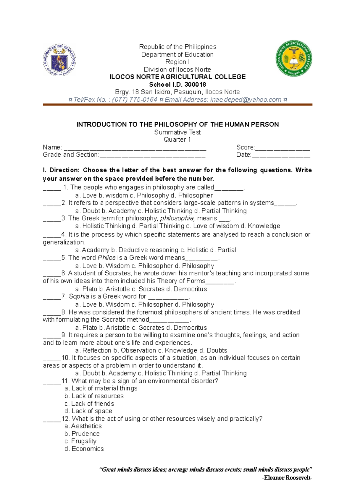 Philosophy- Summative-TEST-Q1 - Republic of the Philippines Department ...