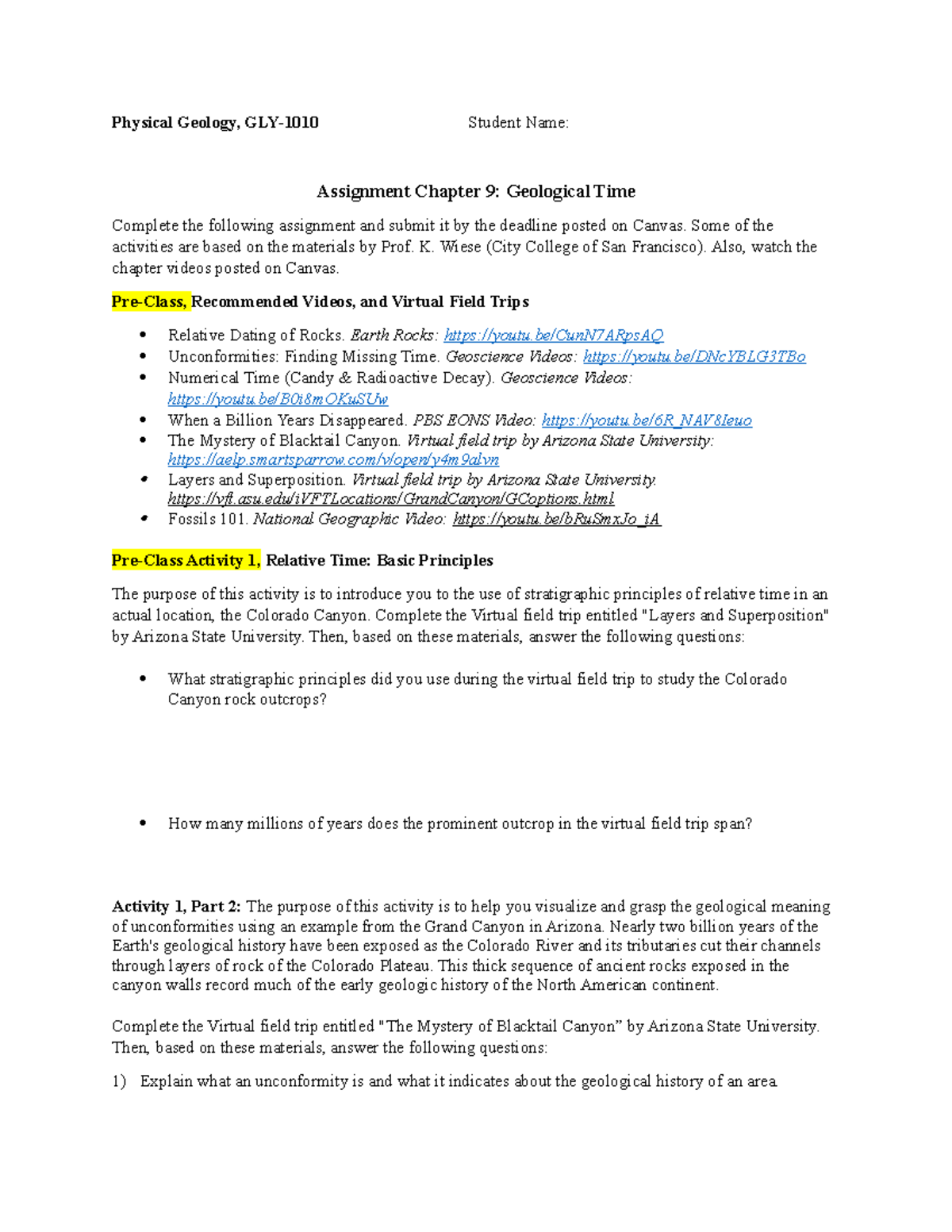 Homework Chapter 9 Geological Time - Physical Geology, GLY-1010 Student ...