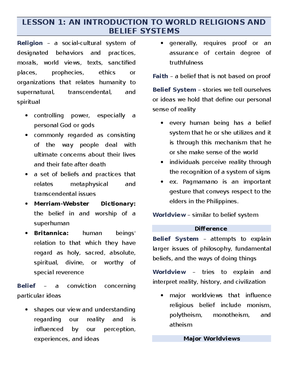 An Introduction to World Religions and Belief Systems - LESSON 1: AN ...