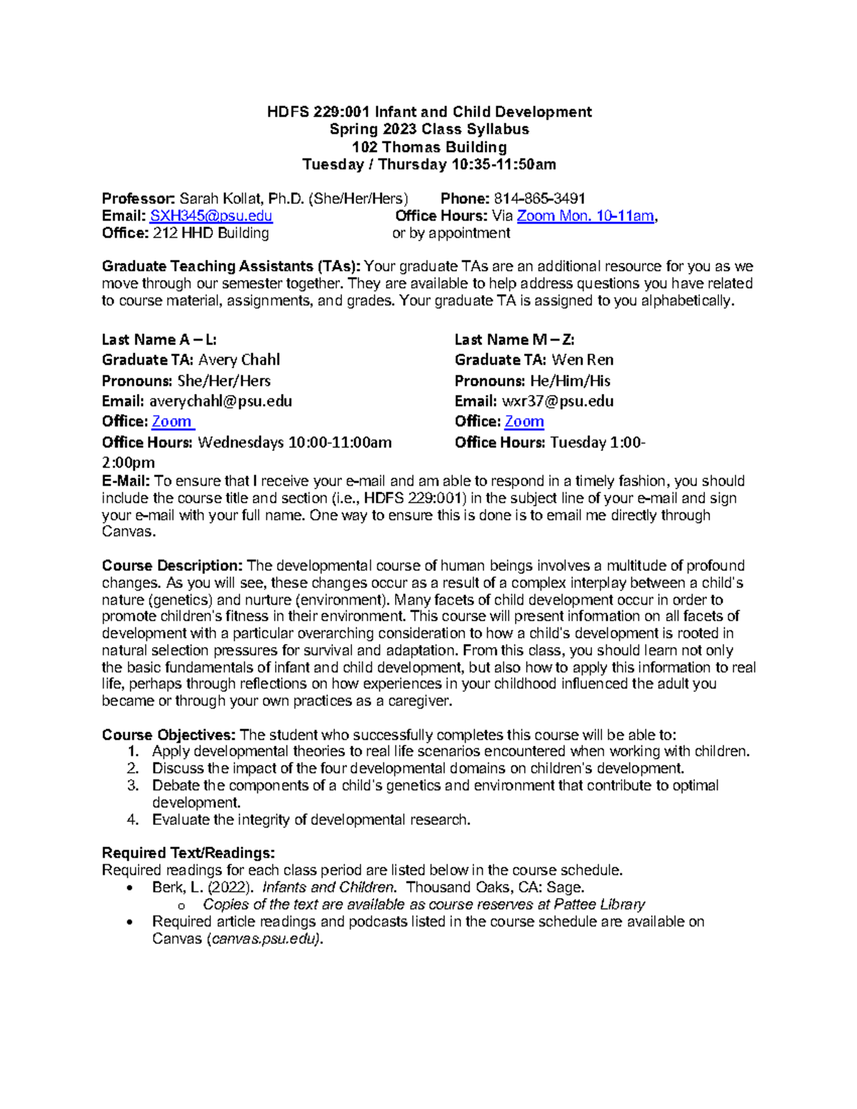 HDFS 229 Syllabus Spring 2023 - HDFS 229:001 Infant and Child ...