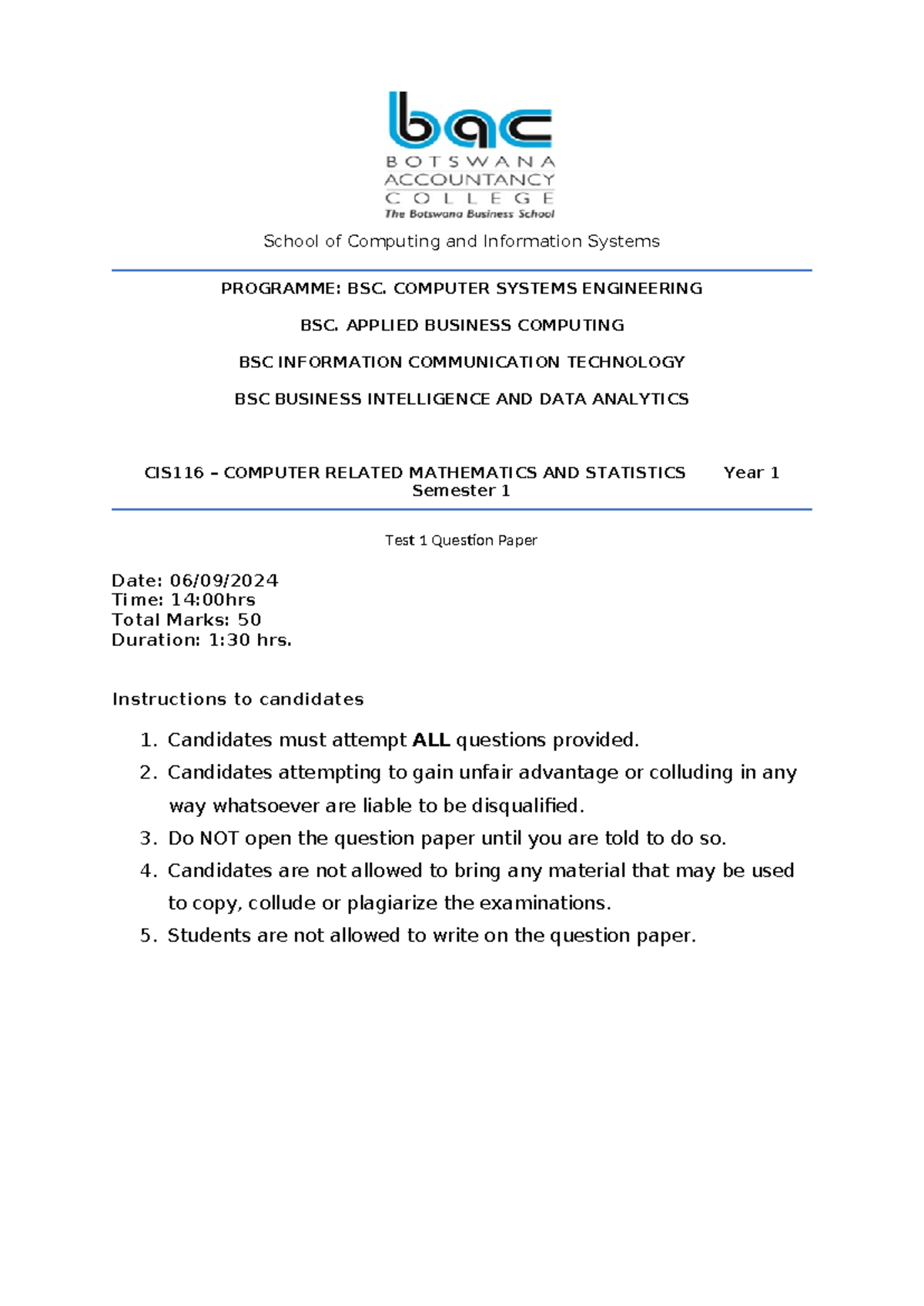 CMS Assessment Test 1 2024 QP - School of Computing and Information ...