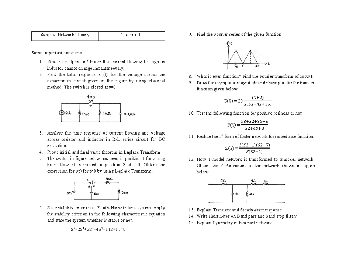 NT- Tutorial II - NT question - Subject: Network Theory Tutorial-II Some important questions ...