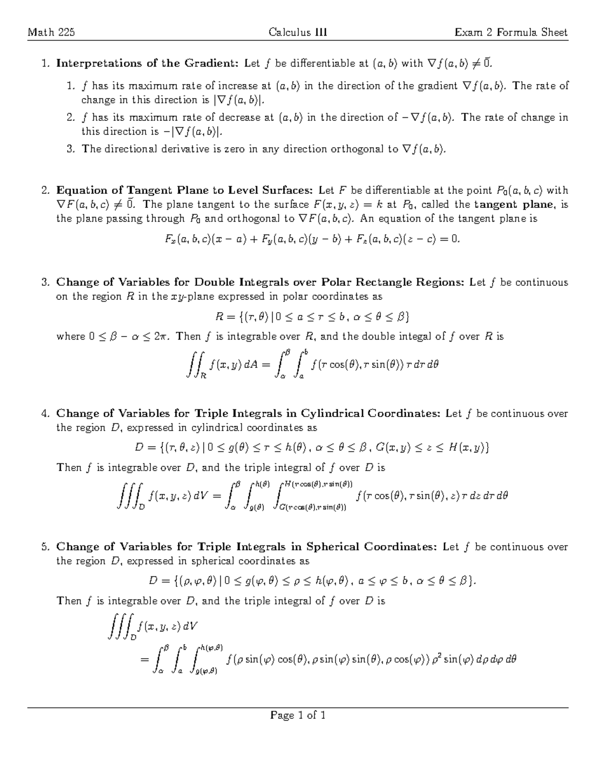 Exam 2 Formula Sheet - Prof. Barry Minemyer - Math 225 Calculus III Exam 2 Formula Sheet - Studocu