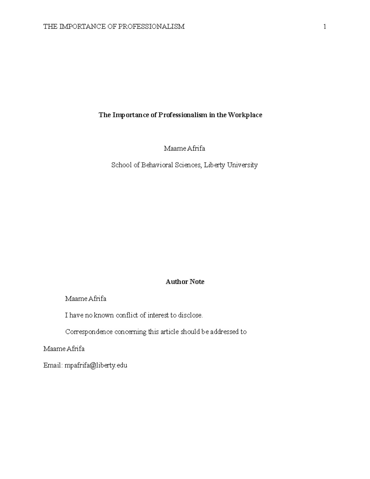 Afrifa M Professionalism Paper - The Importance of Professionalism in ...