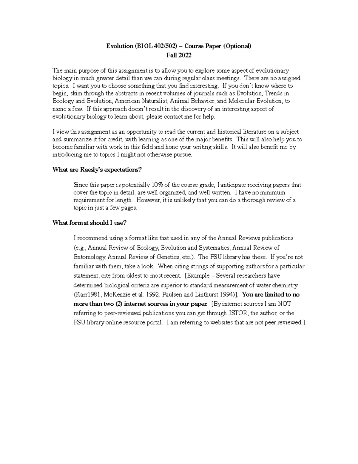 Paper outline Evolution - Evolution (BIOL 402/502) – Course Paper ...