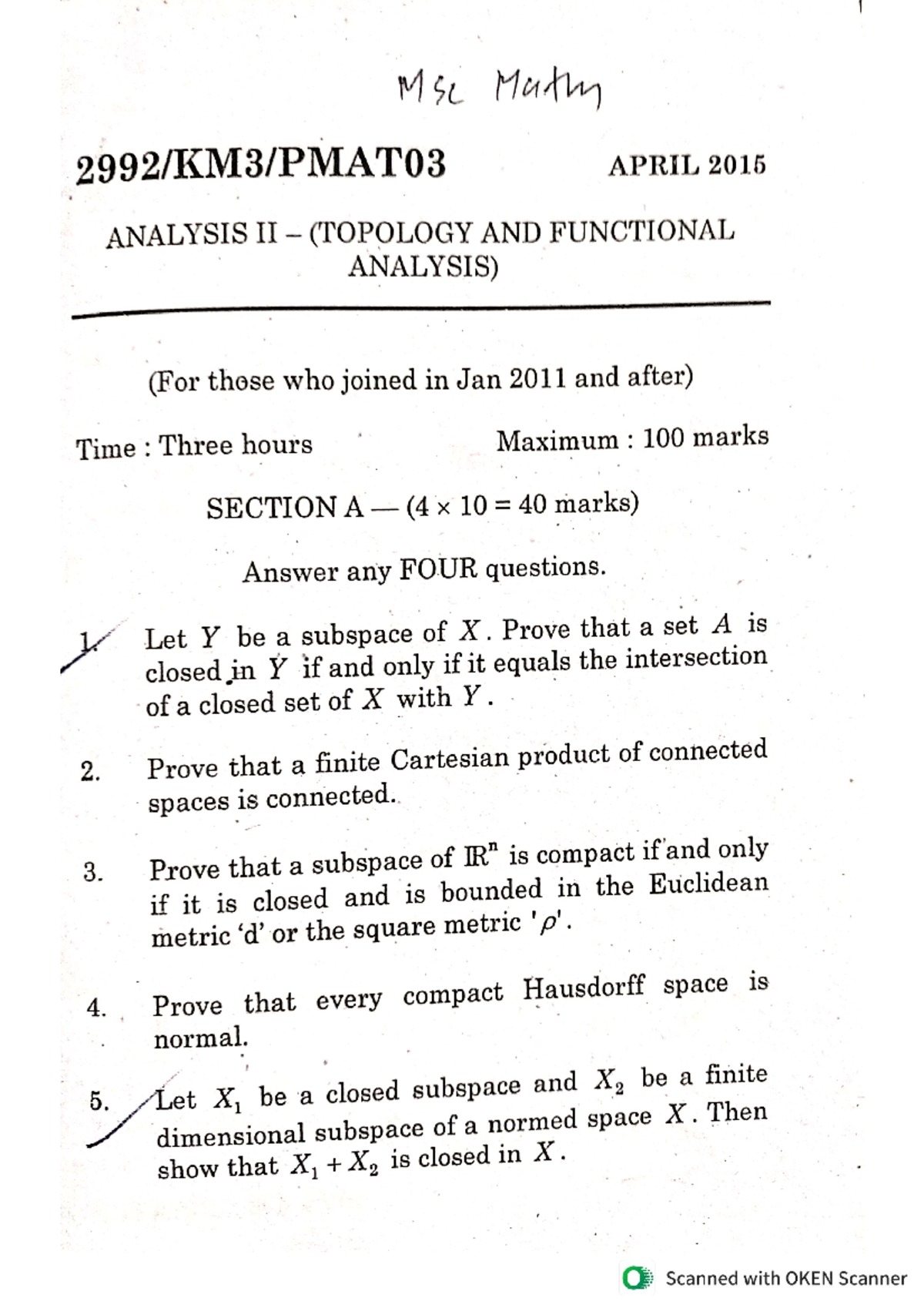 Msc question papper Topology and functional analysis - Mathematics ...
