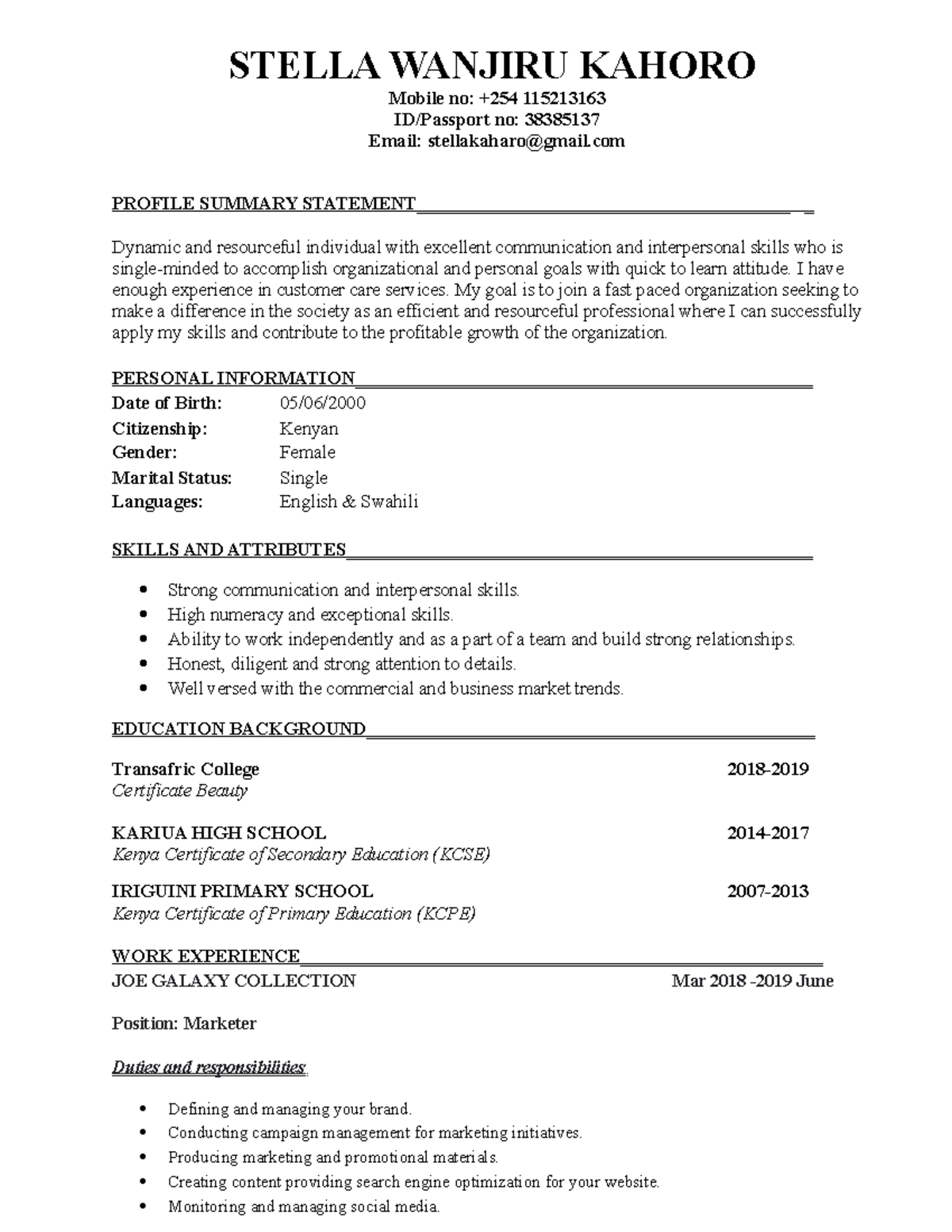 Cv Kinuthia Resume 1 one - STELLA WANJIRU KAHORO Mobile no: +254 ...