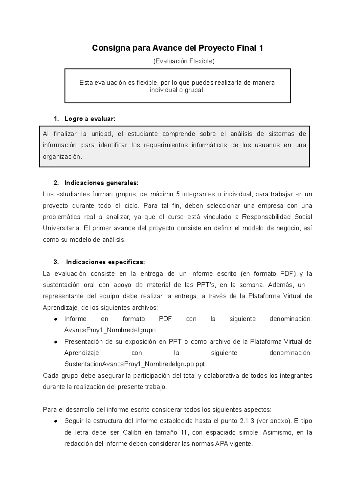 GC I60N Consign - Consigna para Avance del Proyecto Final 1 (Evaluación Flexible) Esta ...