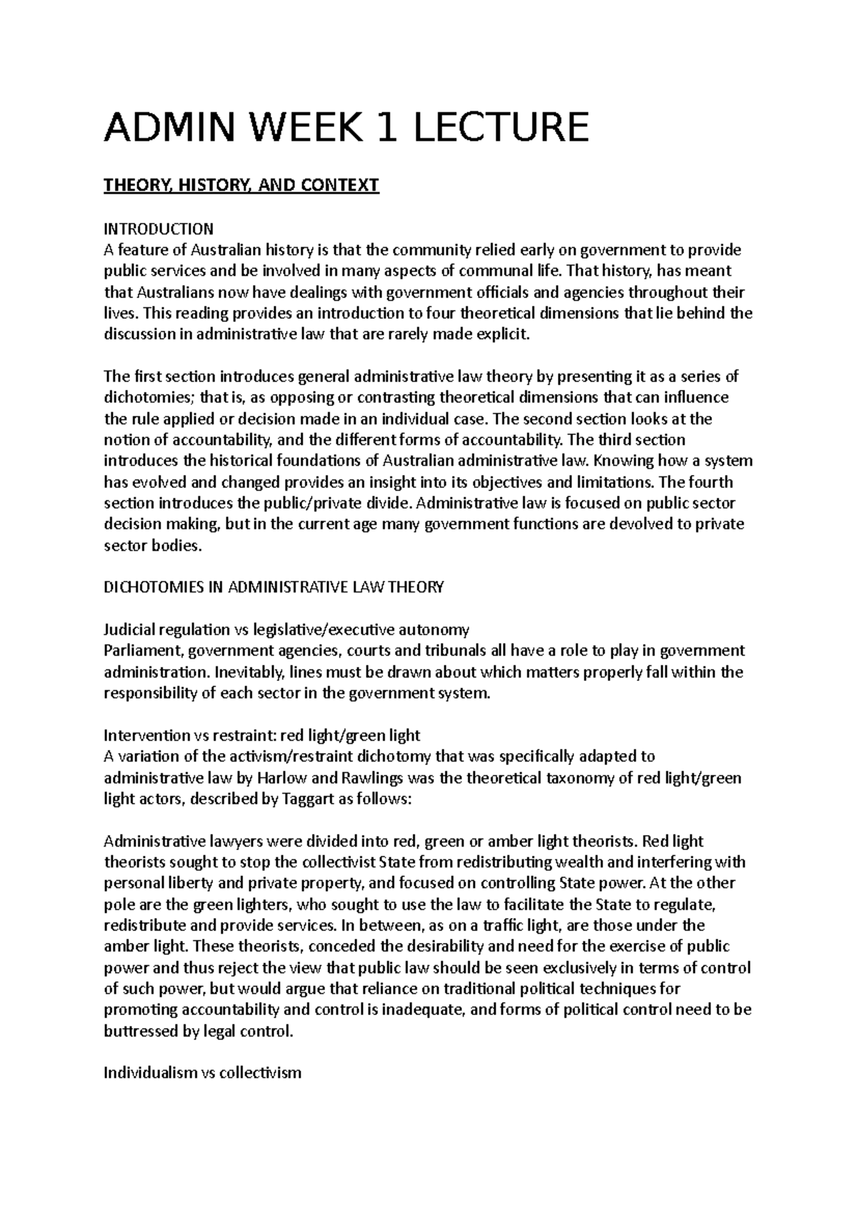 Admin WEEK 1 Lecture - notes - ADMIN WEEK 1 LECTURE THEORY, HISTORY ...