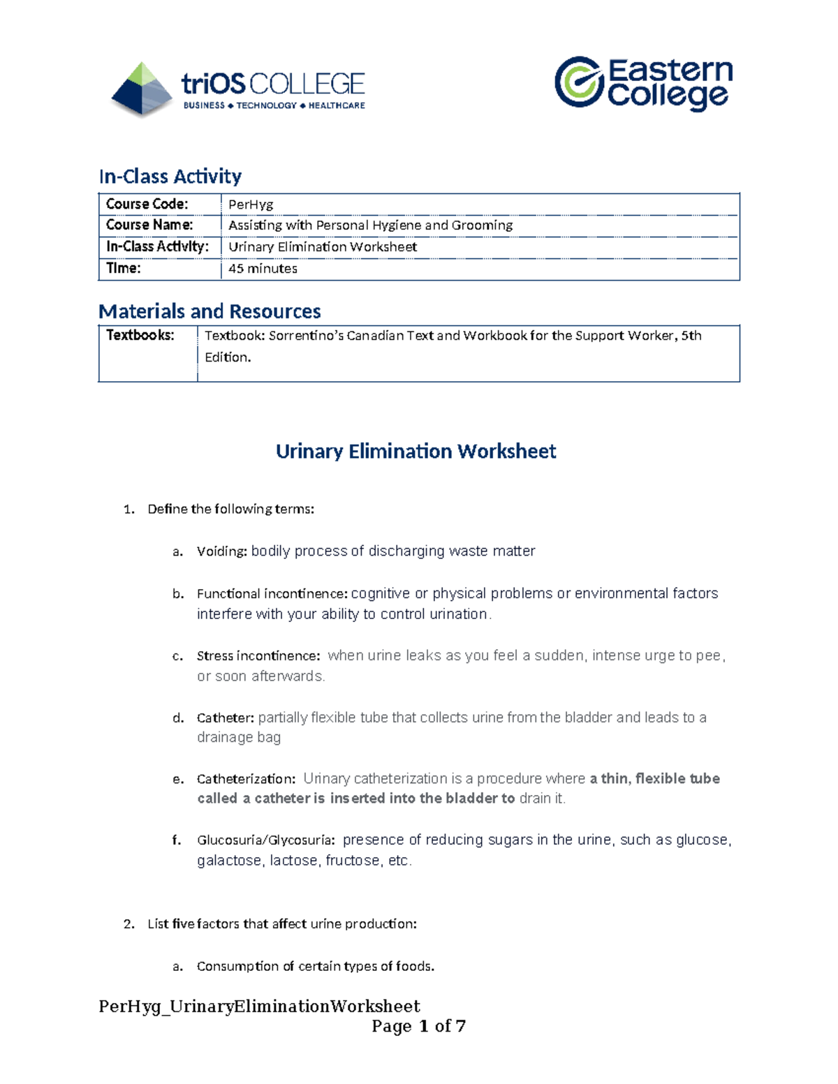 Activity - Urinary Elimination Worksheet - In-Class Activity Course ...