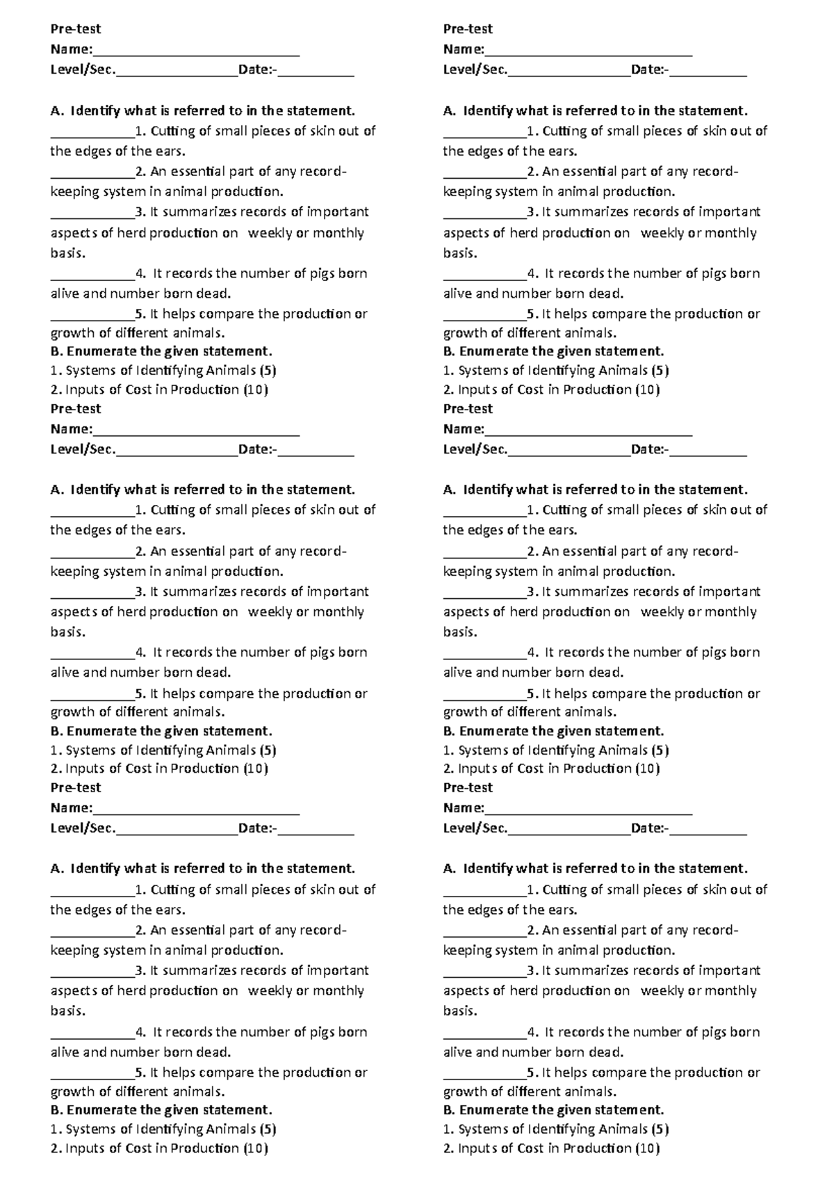 TLE 4th quarter Lesson 2 handout - Pre-test Name ...