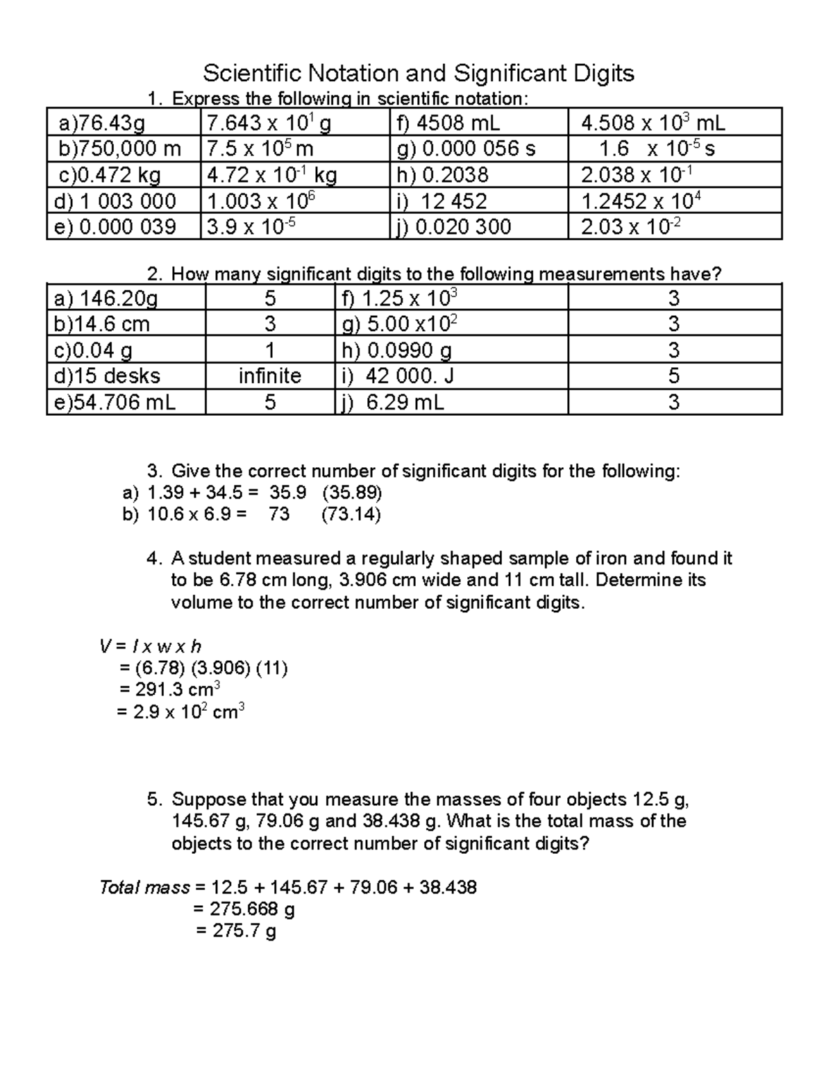 Scientific Notation and Significant Digits Practice Problems S.E. A.K ...