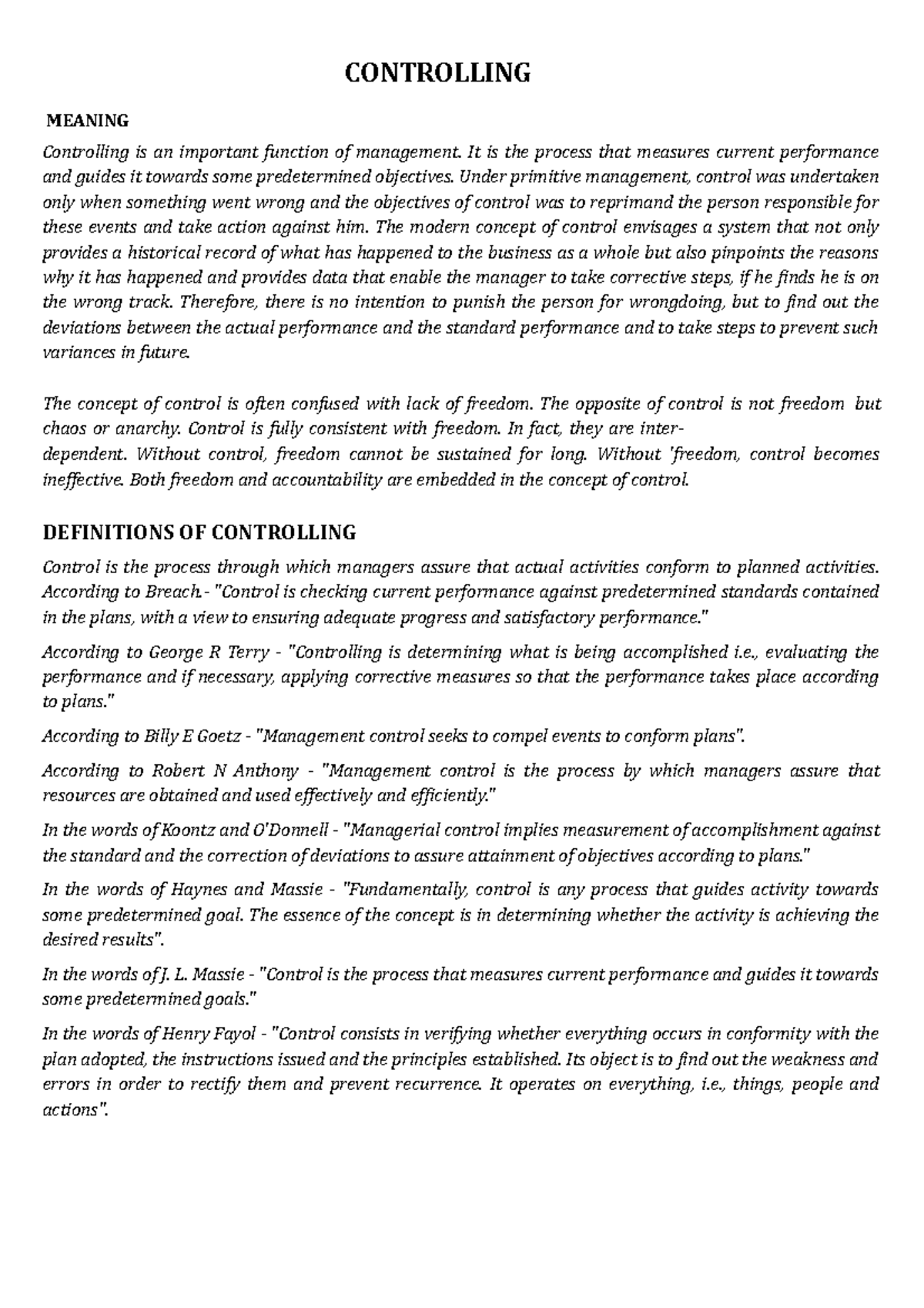 Controlling Notes - DOC - CONTROLLING MEANING Controlling is an ...