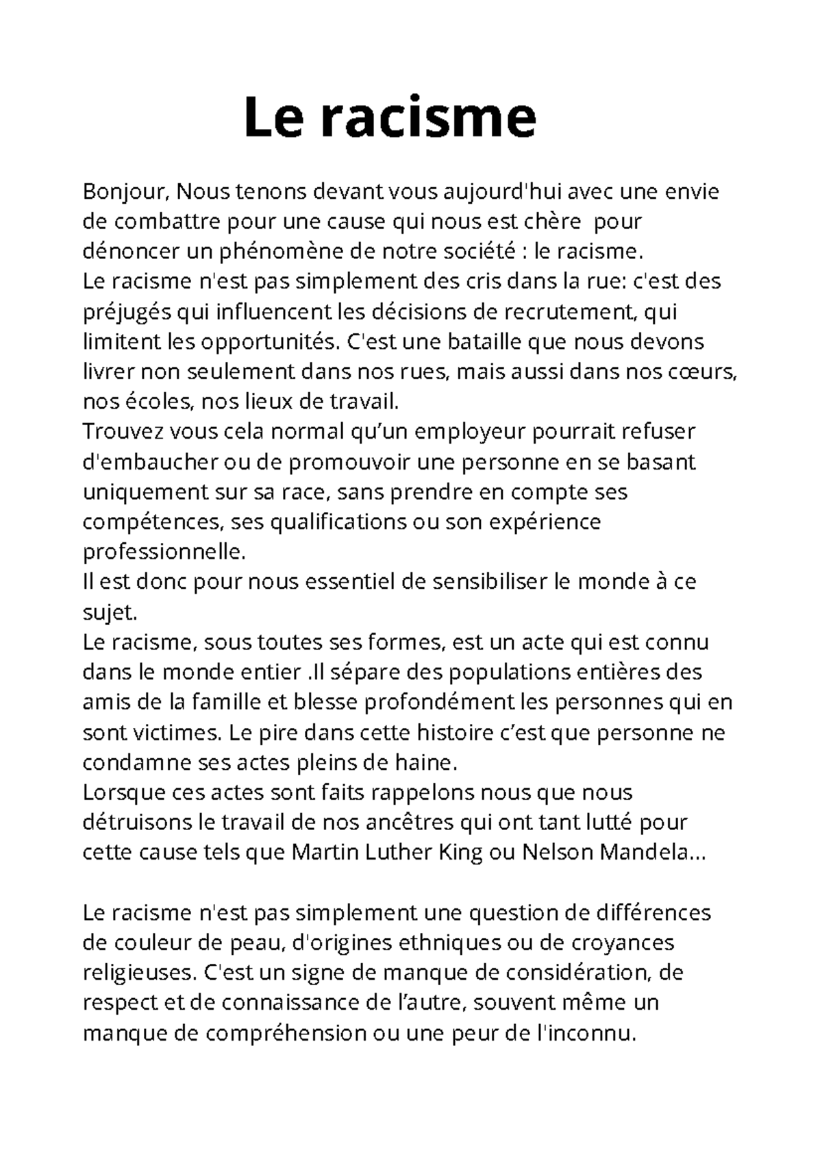 EMC - le rascisme - Bonjour, Nous tenons devant vous aujourd'hui avec ...