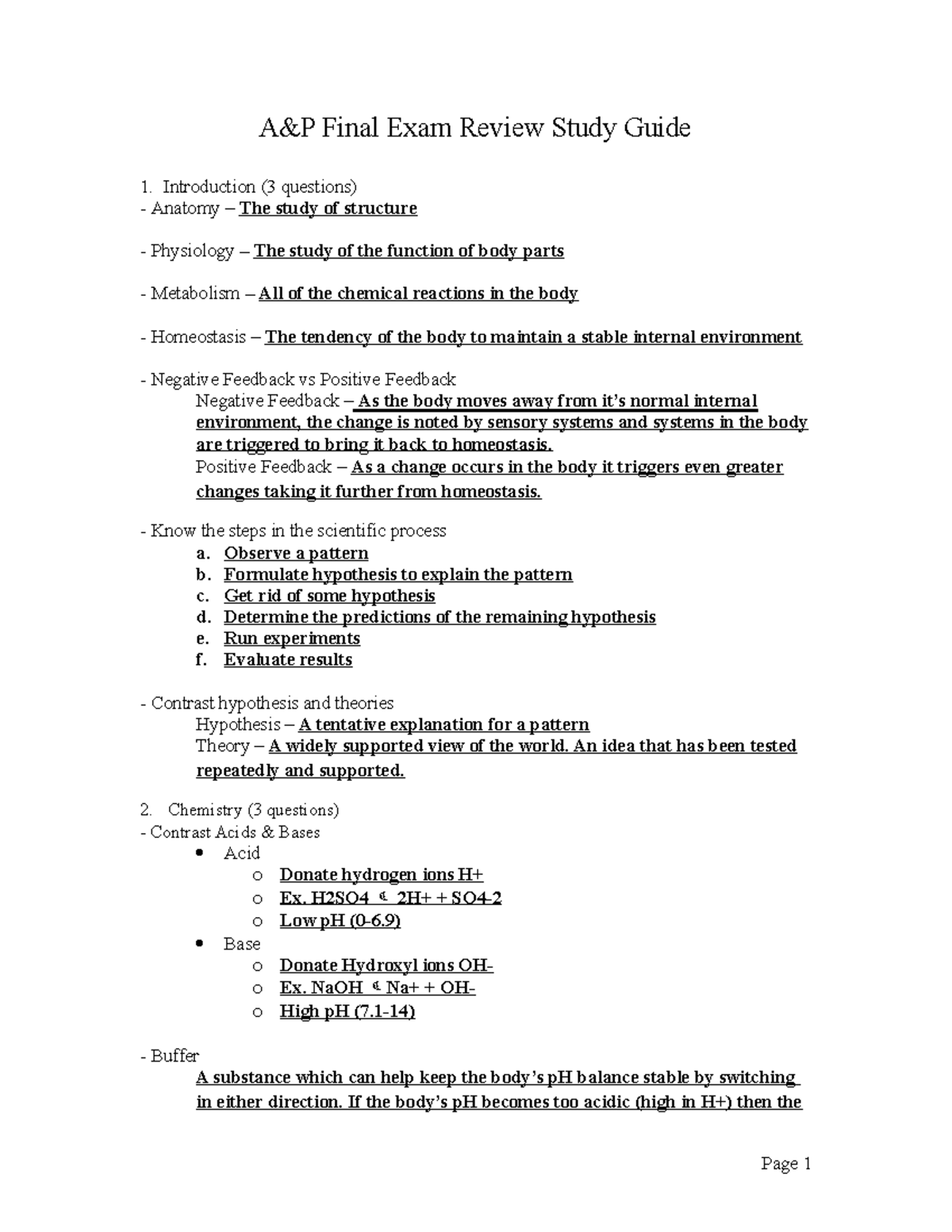 A&P I Final Study Guide - A&P Final Exam Review Study Guide 1 ...