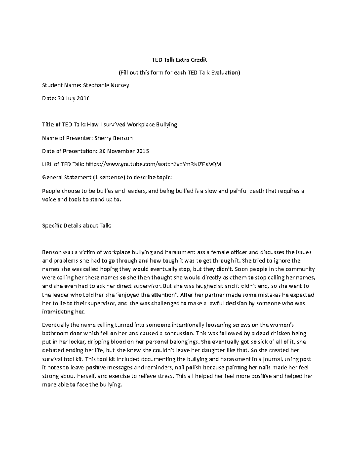 Ted Talk Extra Credit 2 - TED Talk Extra Credit (Fill out this form for ...